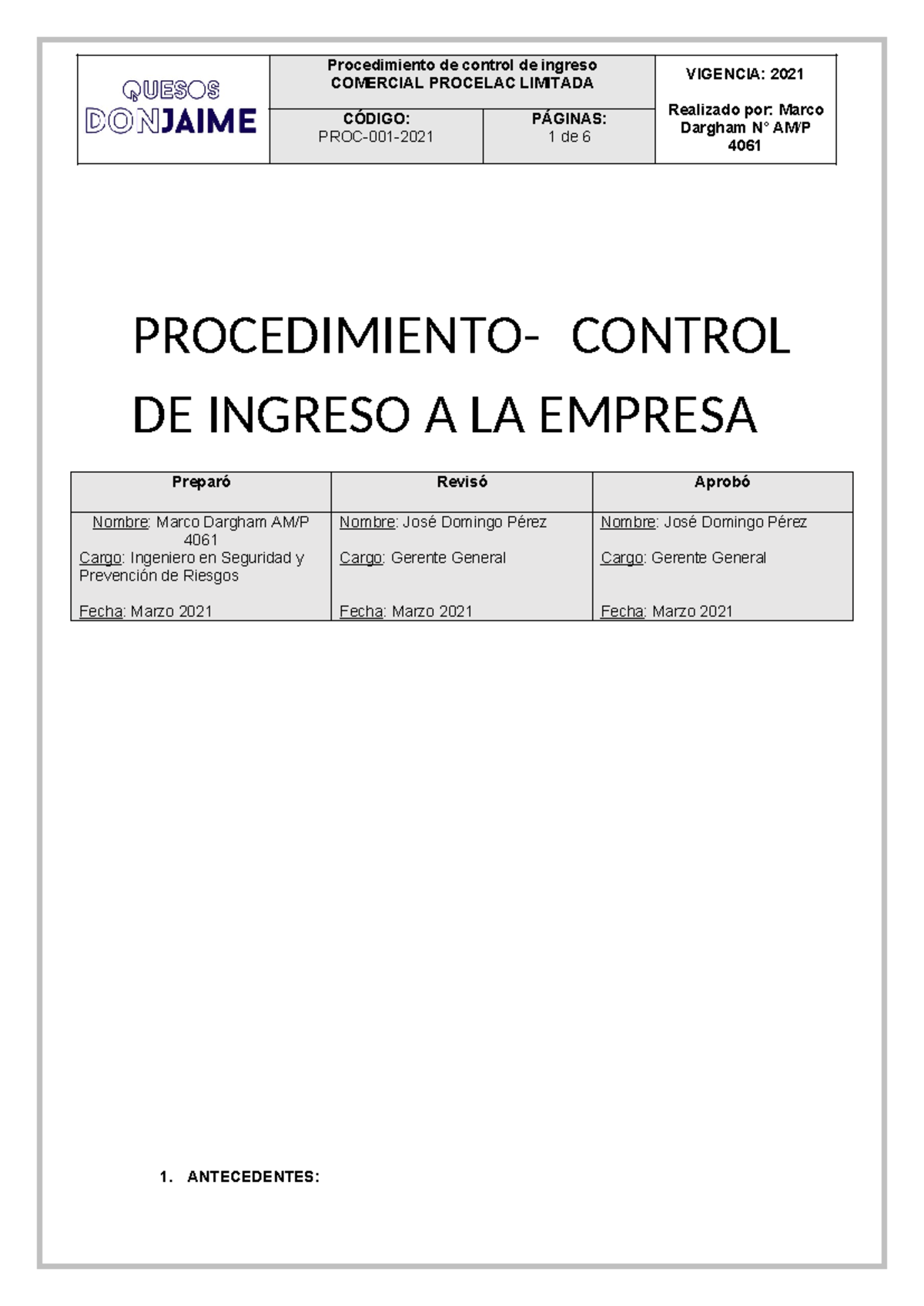 Procedimiento control de Ingreso a la Empresa Covid-19 Procelac 2021 ...