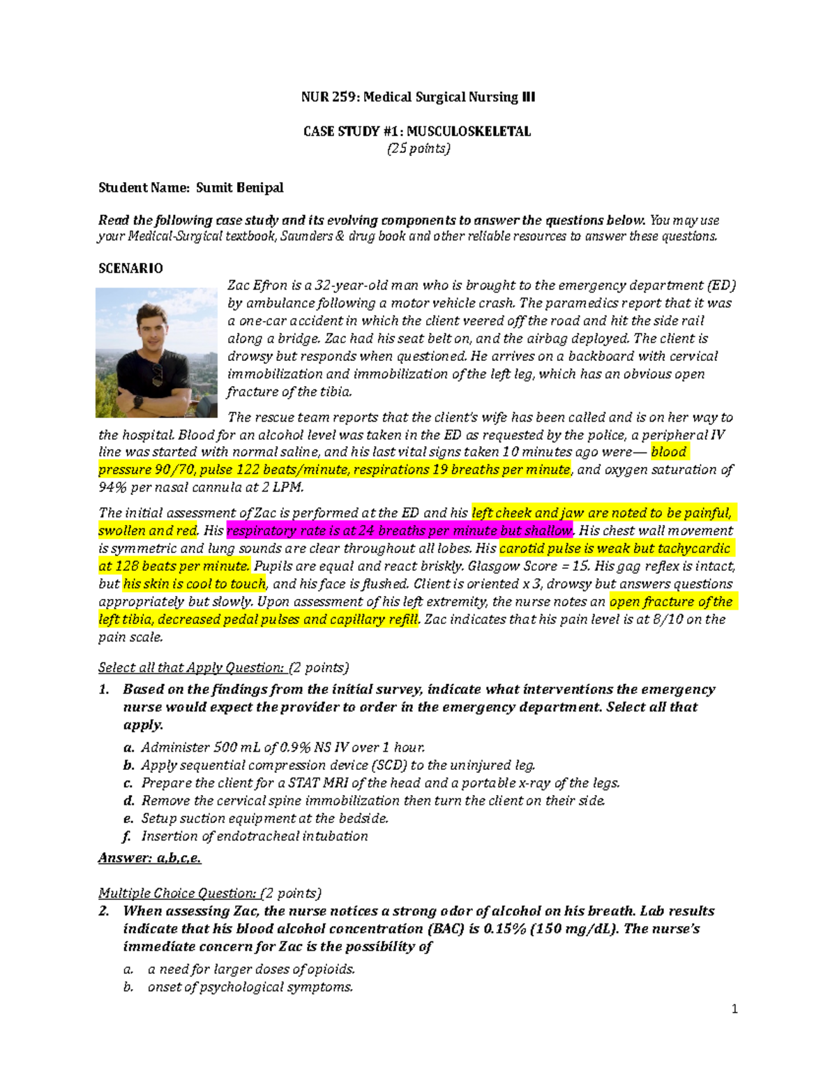 Case Study #2 Musculoskeletal 2021 - NUR 259: Medical Surgical Nursing ...