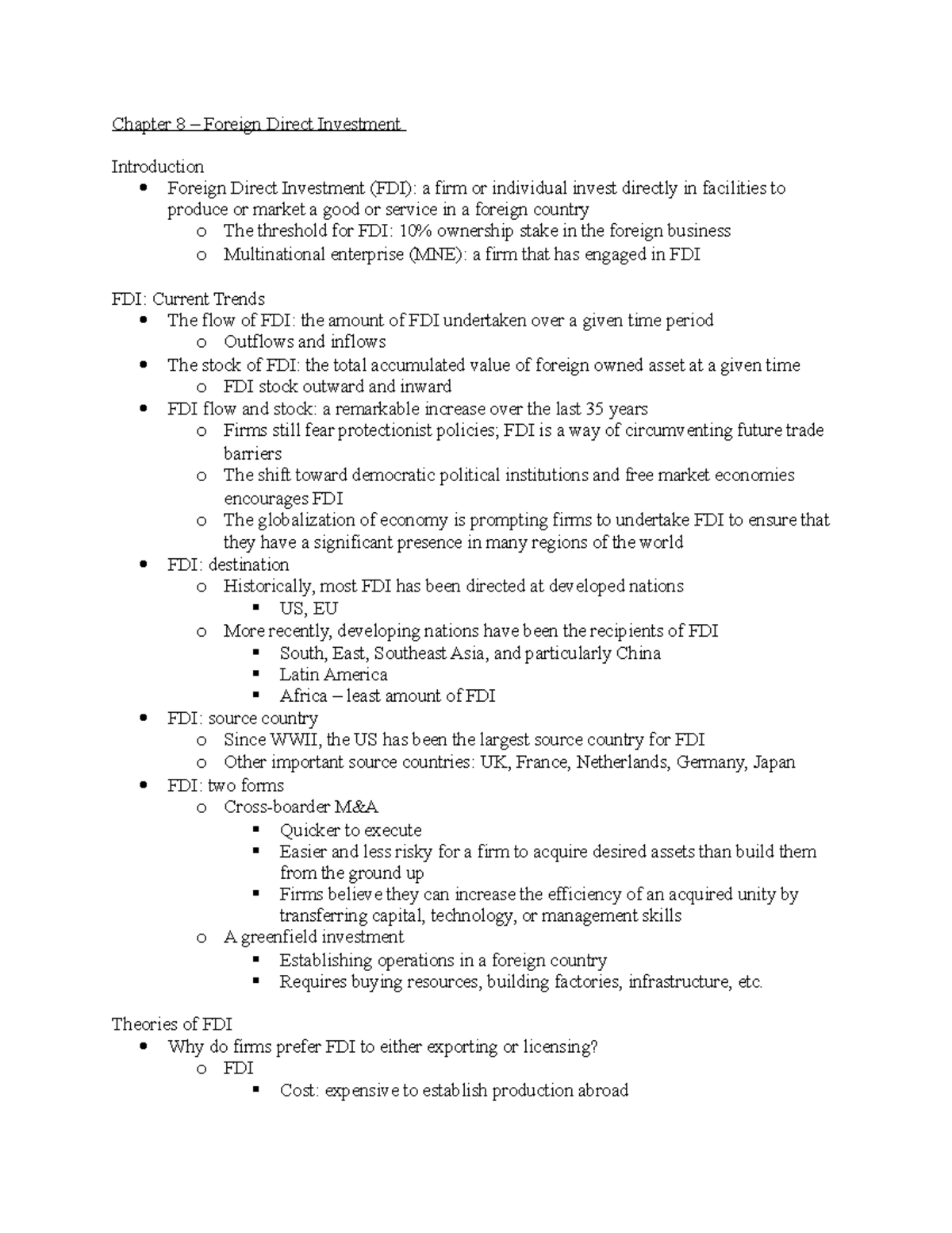 Chapter 8 - Lecture notes 8 - Chapter 8 Foreign Direct Investment ...