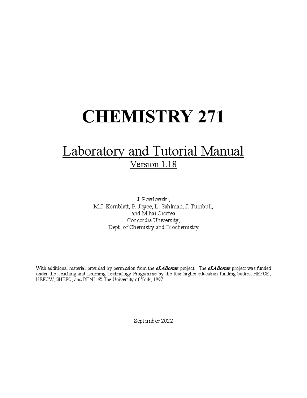 Chem271 Tutorial 1 lab 1 - CHEMISTRY 271 Laboratory and Tutorial Manual Version 1. J. Powlowski ...