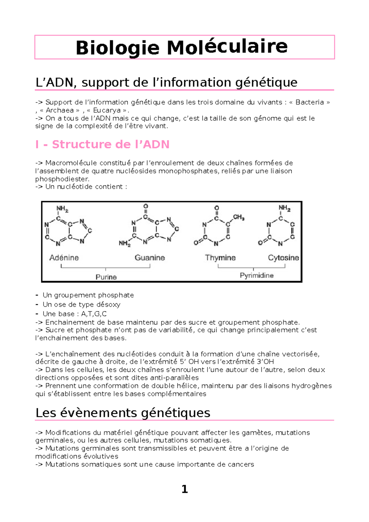 Cours bio mol - Cour de biologie moleculaire très large - Biologie ...