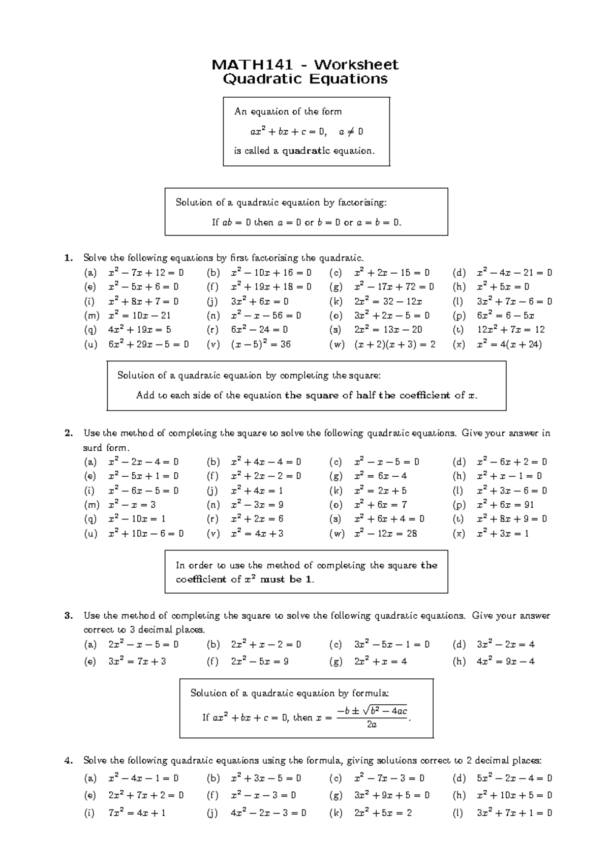 Quadratic Equations - MATH141 - Worksheet Quadratic Equations An ...