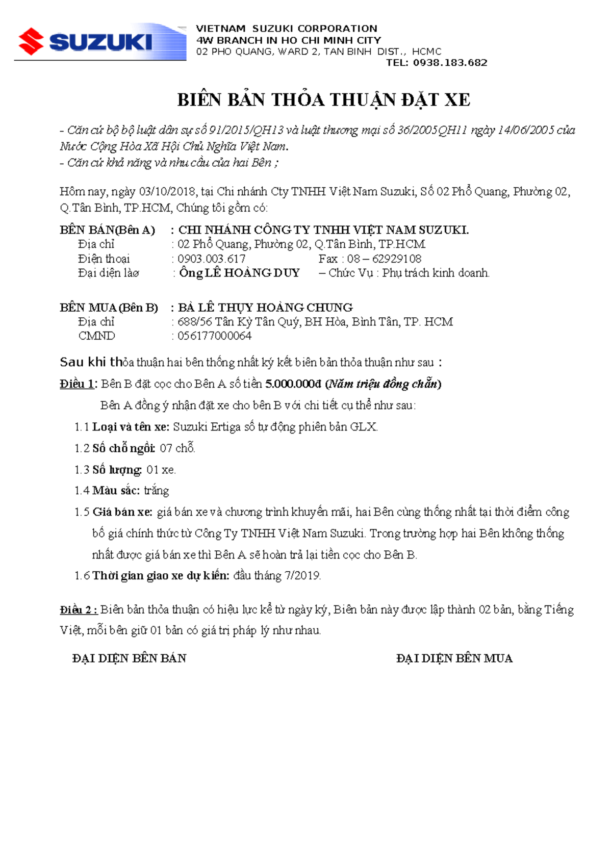 BIEN BAN THOA Thuan DAT XE - VIETNAM SUZUKI CORPORATION 4W BRANCH IN HO ...