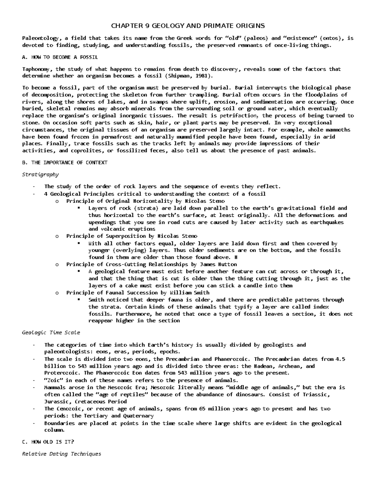 Chapter 9 Geology And Primate Origins Chapter 9 Geology And Primate Origins Paleontology A