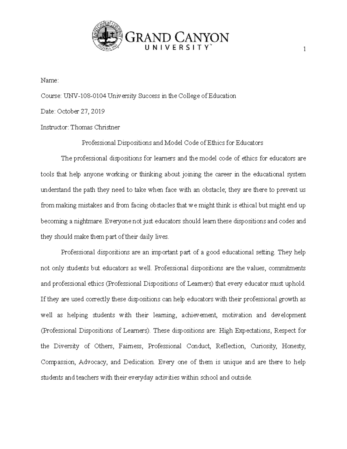 Dispositions Essay WEEK - UNV 103-O504 - GCU - Studocu