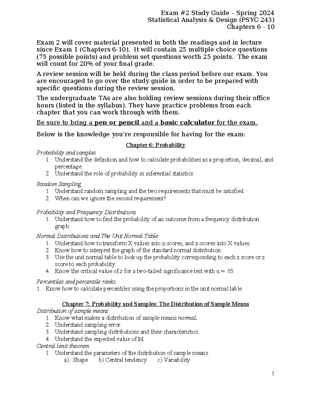 Stats-Exam 2 Study Guide-Spring 24 v1 - Statistical Analysis & Design ...