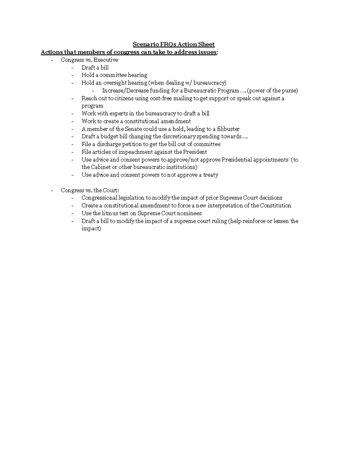Politics Scenario Actions Sheet - Scenario FRQs Action Sheet Actions ...