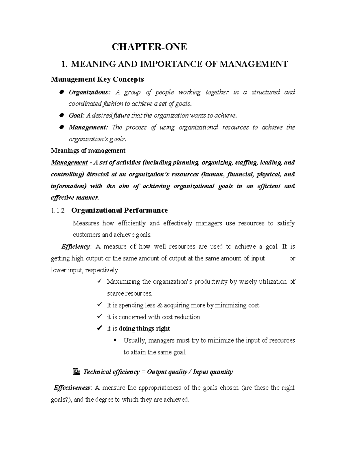 Introduction to management Handout - CHAPTER-ONE 1. MEANING AND ...