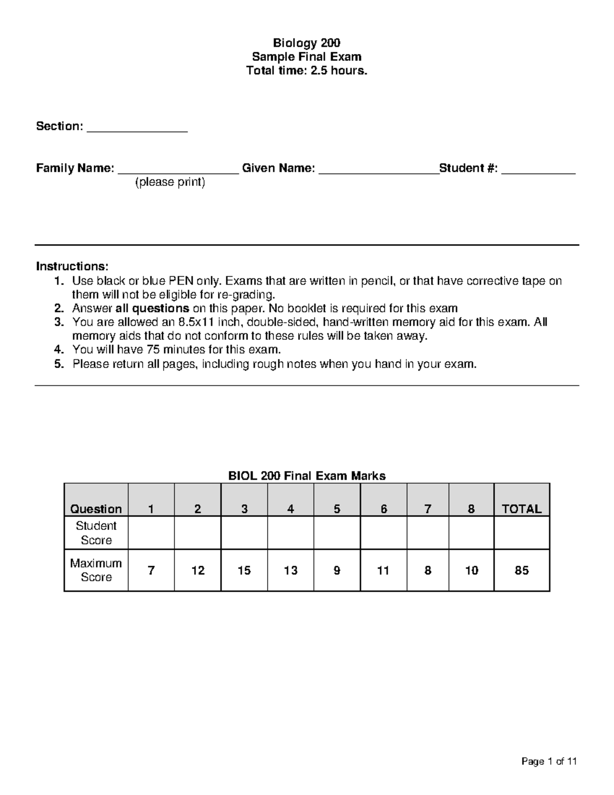 Practice Final EXAM - KEY - updated 2021W - Biology 200 Sample Final ...