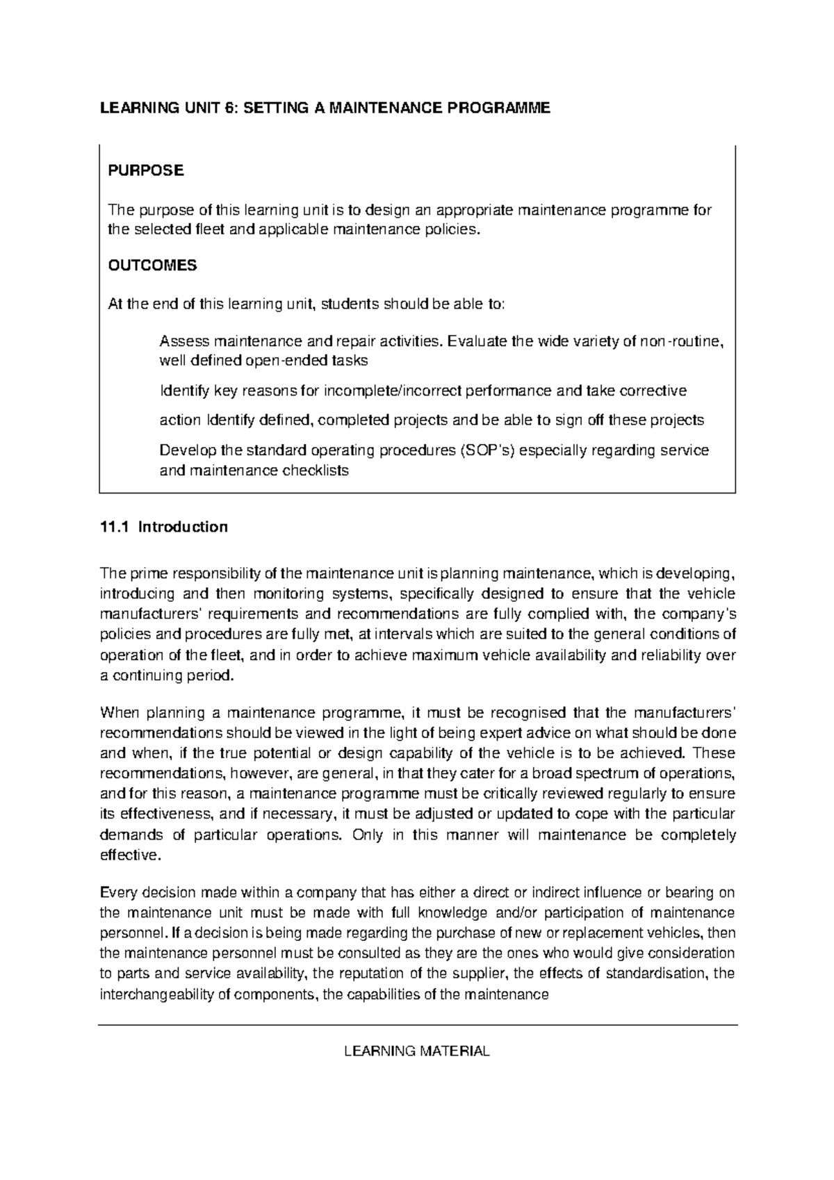 Setting A Maintenance Programme - LEARNING UNIT 6: SETTING A ...