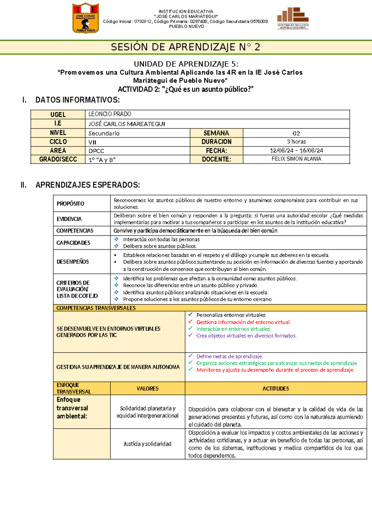 1º DPCC- SES 2 UNI 7 - SEM 02 - “JOSÉ CARLOS MARIÁTEGUI” Código Inicial ...
