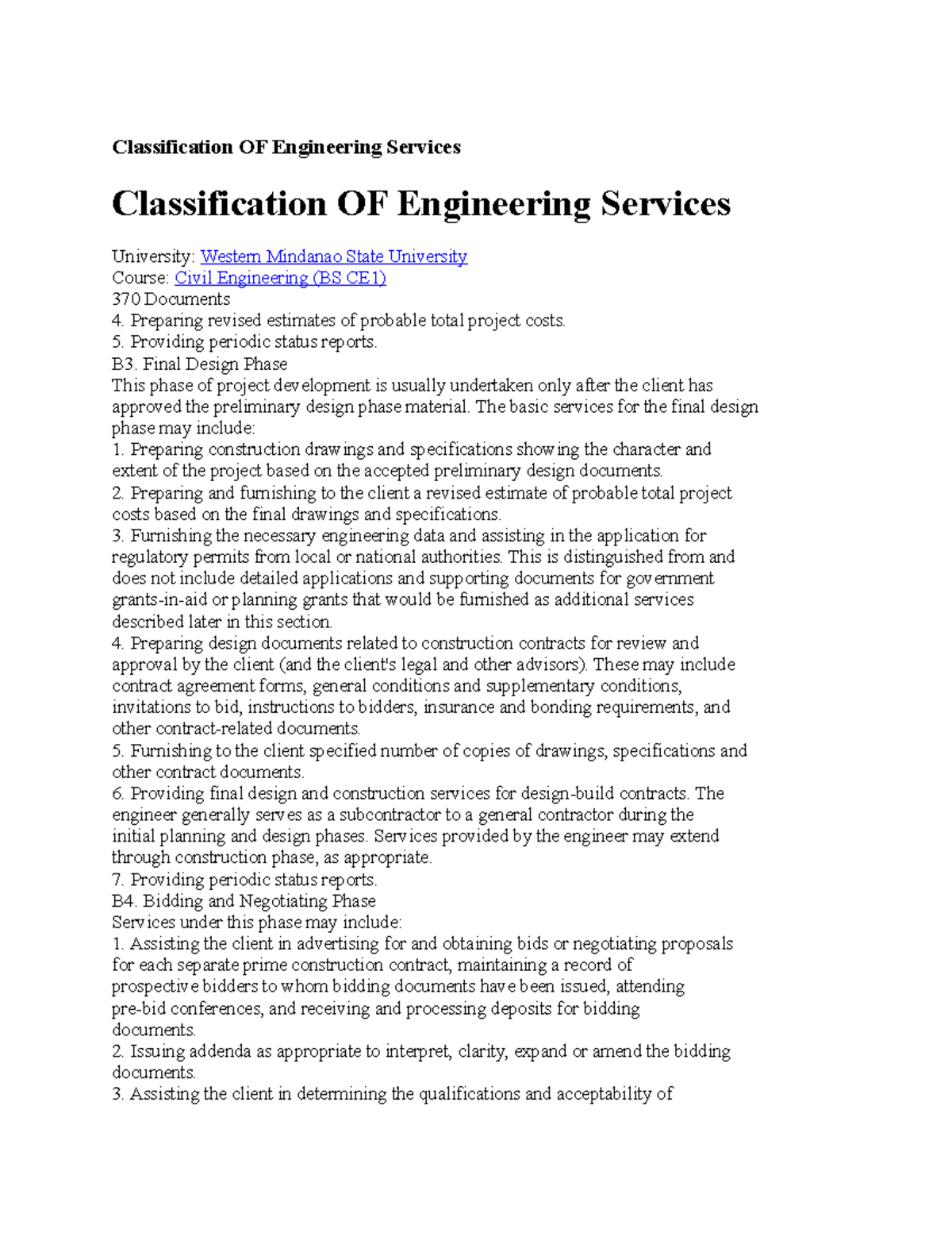 Classification OF Engineering Services - Classification OF Engineering ...