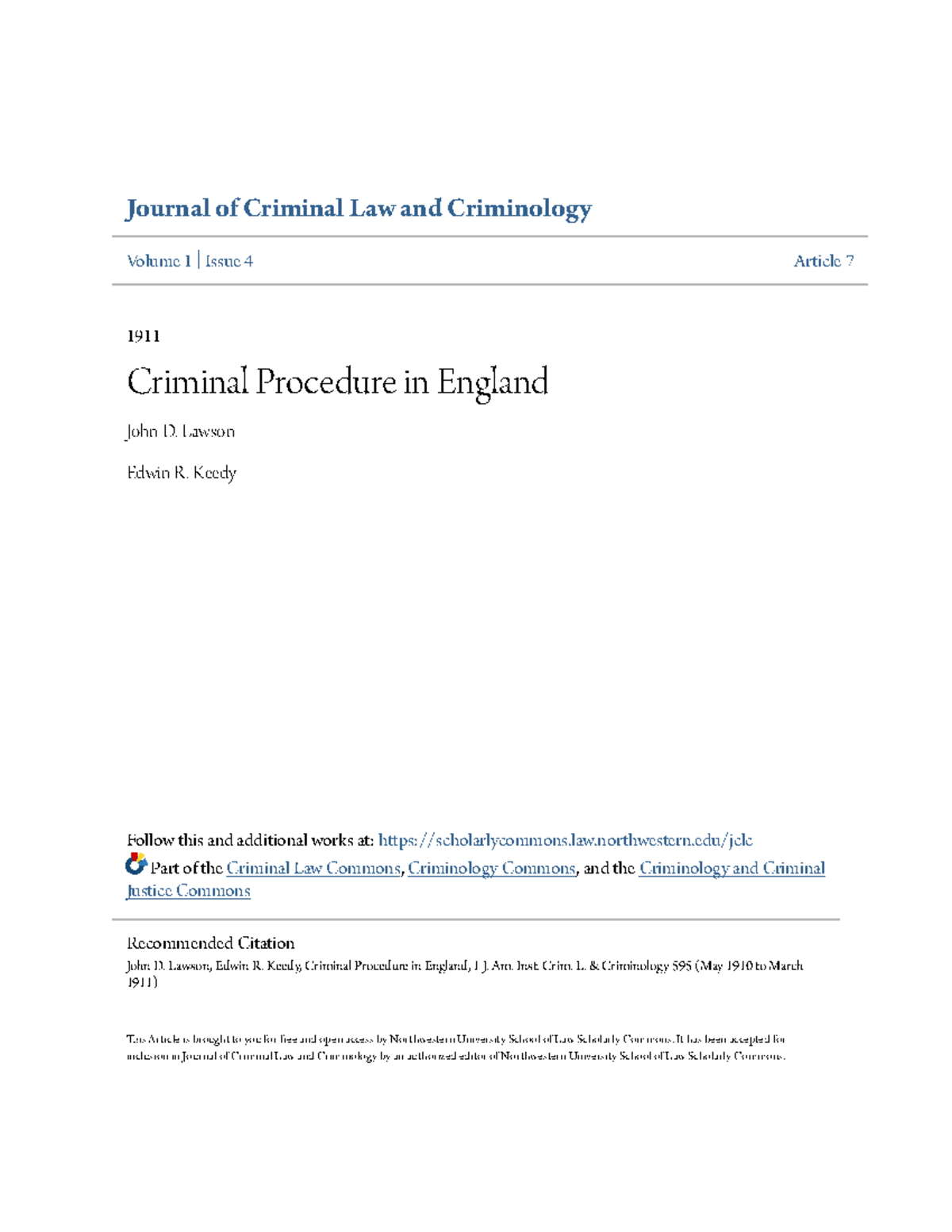 Criminal Procedure in England - Journal of Criminal Law and Criminology ...