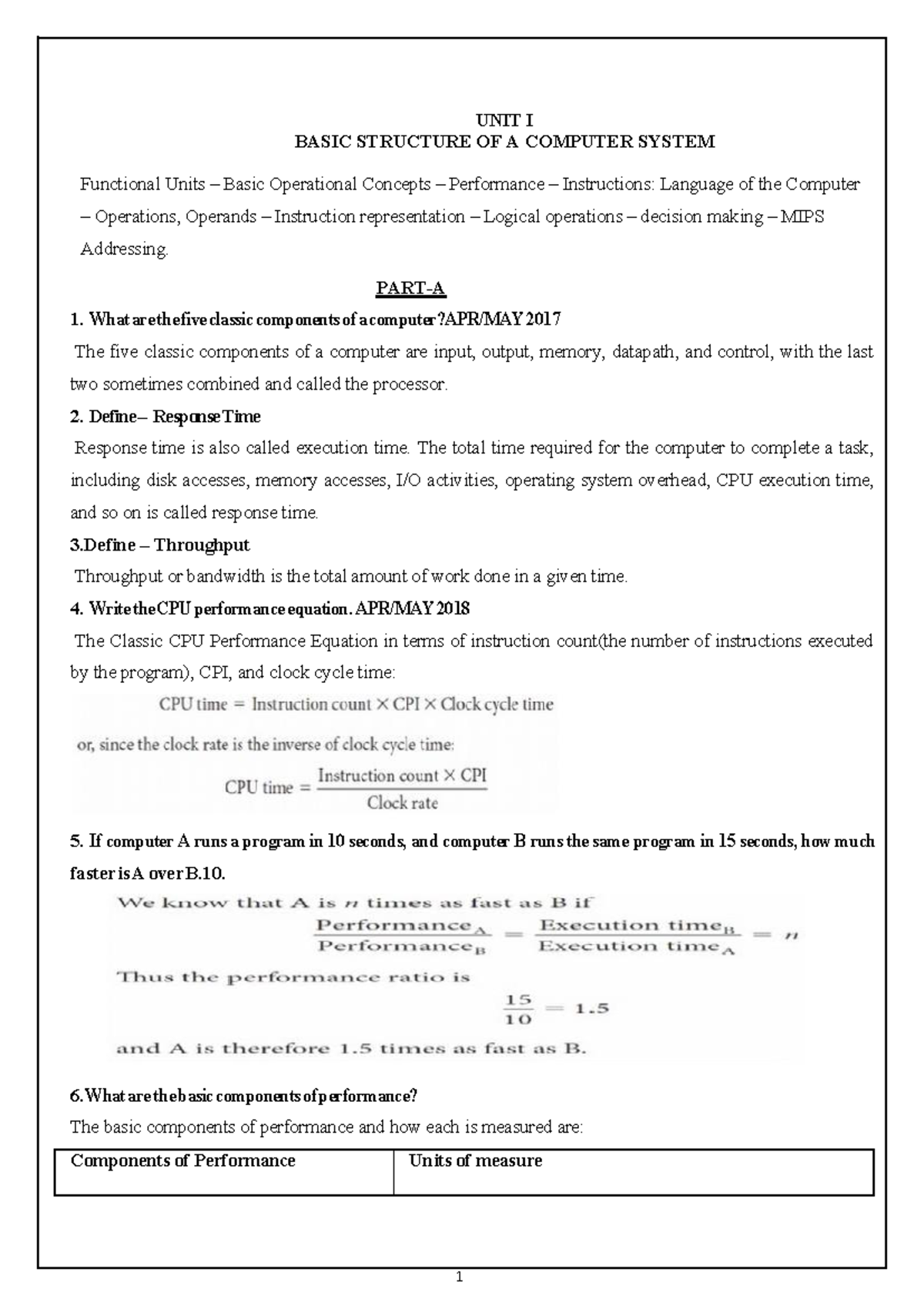 computer architecture important two mark questions - Components of Performance Units of measure ...