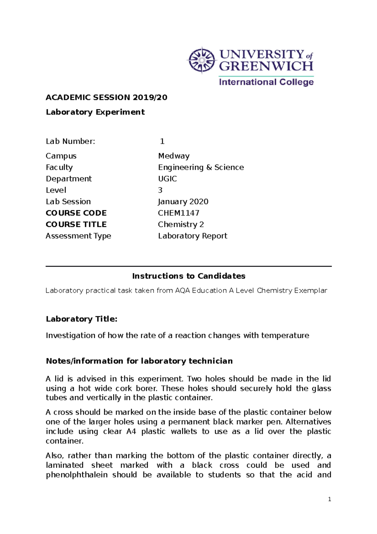 CHEM1147 Practical 1 - LAB INSTRUCTIONS - ACADEMIC SESSION 2019 ...