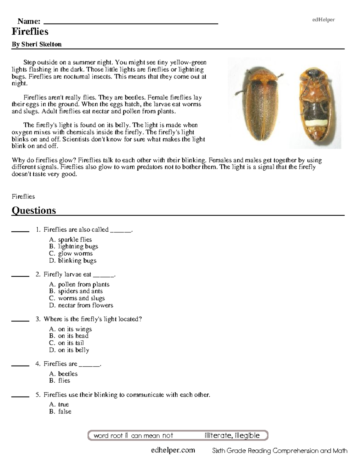 6th grade reading comprehension worksheets - ####### Name: edHelper ...