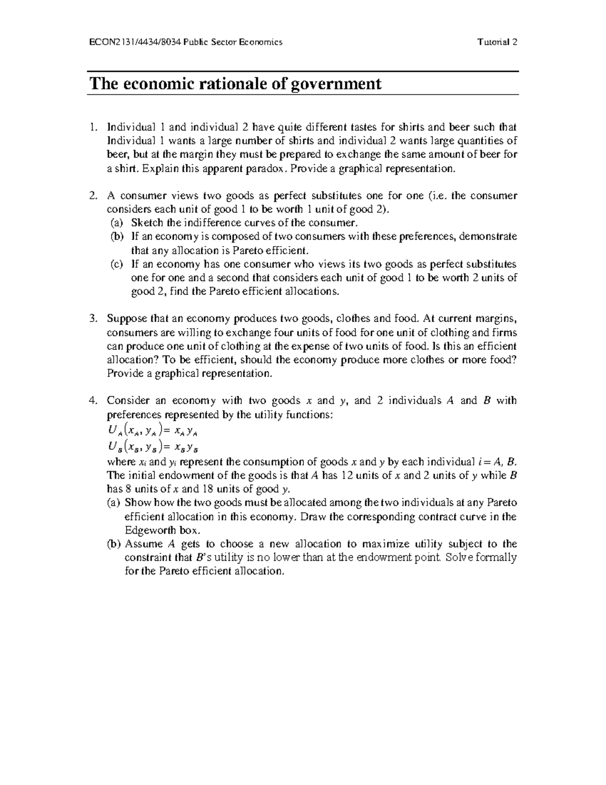 Tute2 2022 Weekly Tutorial Questions Week 2 Econ213144348034 Public Sector Economics 