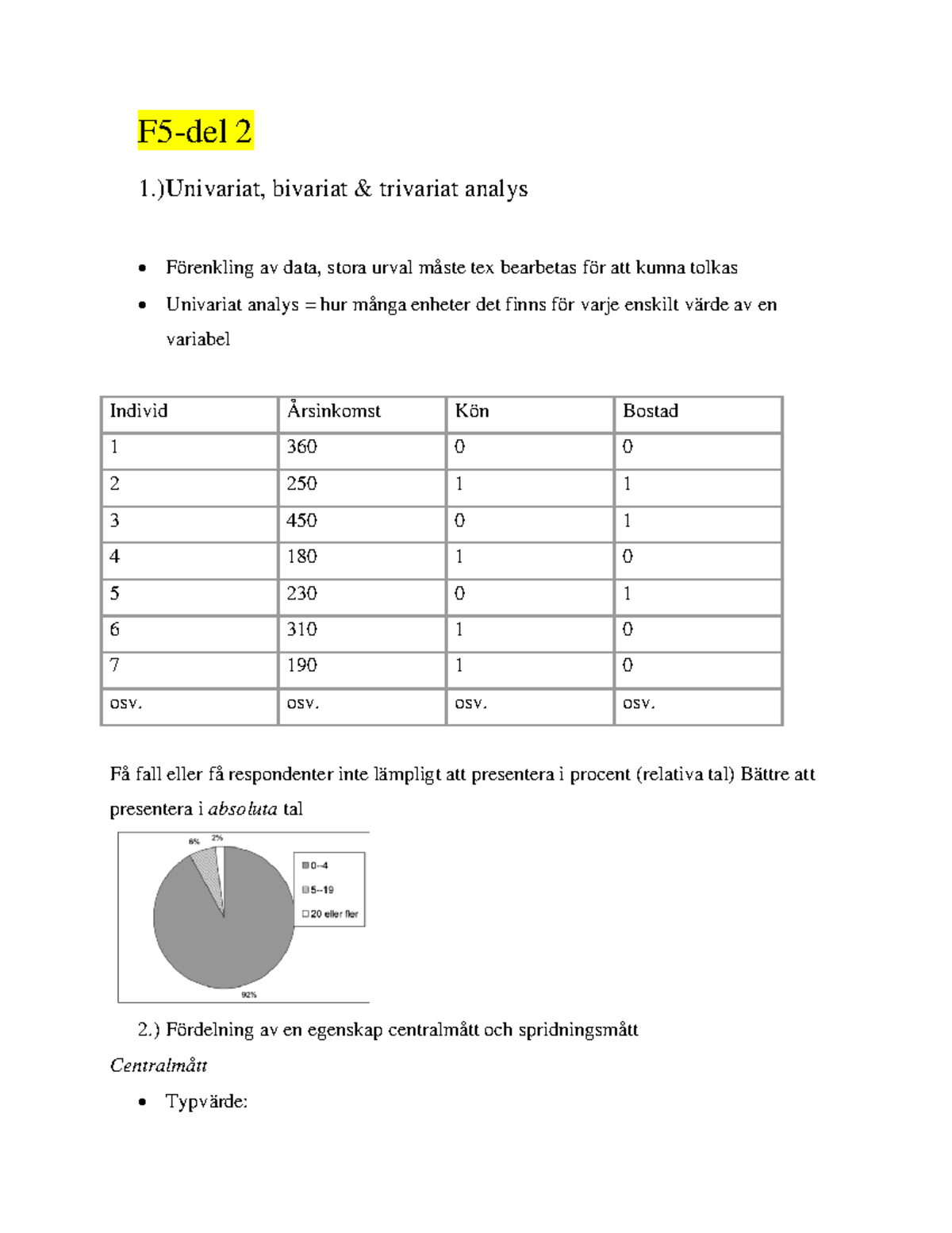 F5-del 2 - föreläsningsanteckningar 5 - F5-del 2 1.) Univariat ...