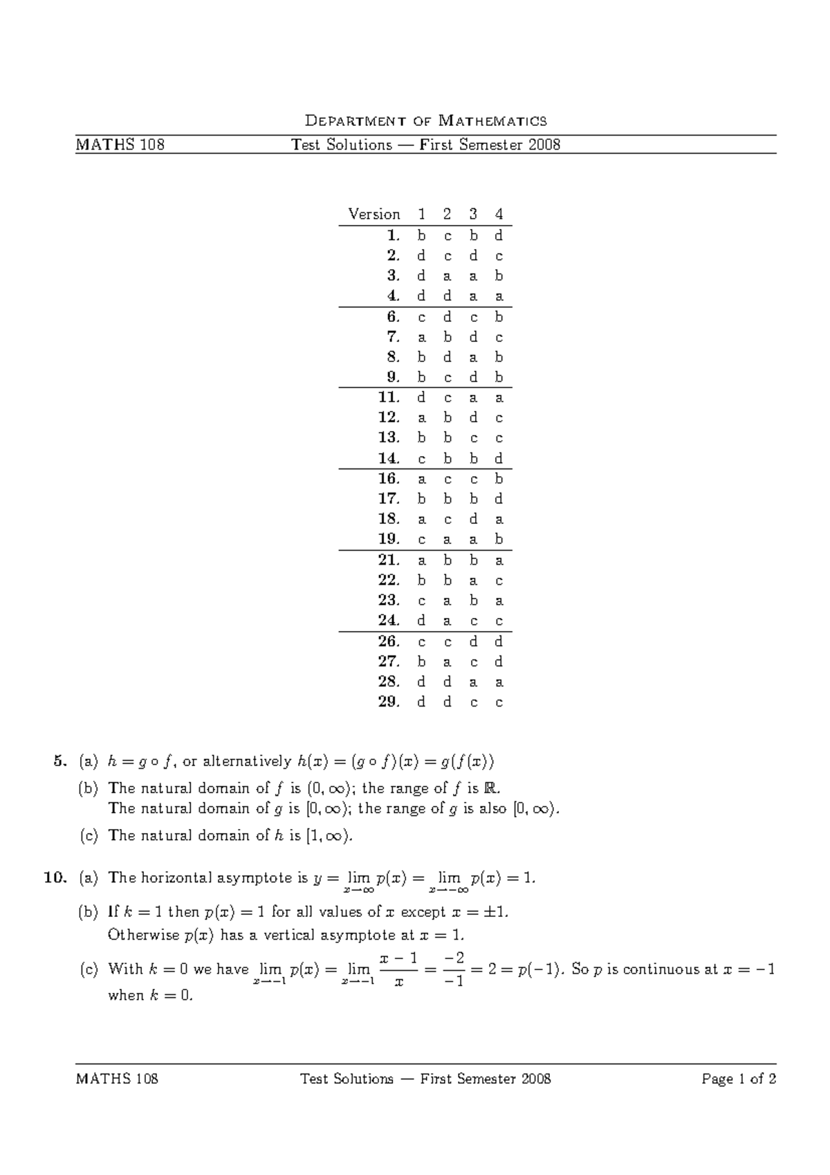 Test 2015, answers - MATHS 108 Department of Mathematics Test Solutions ...