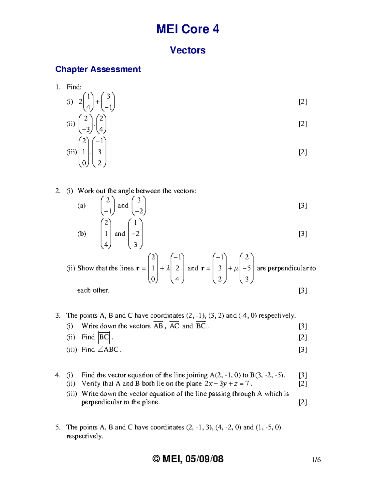 Vectors Chp Assessment C4 - MEI Core 4 Vectors Chapter Assessment Find ...