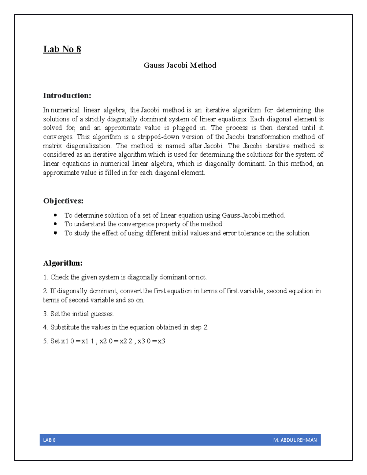 ABD LAB 8 - LAB REPORTS - Lab No 8 Gauss Jacobi Method Introduction: In ...