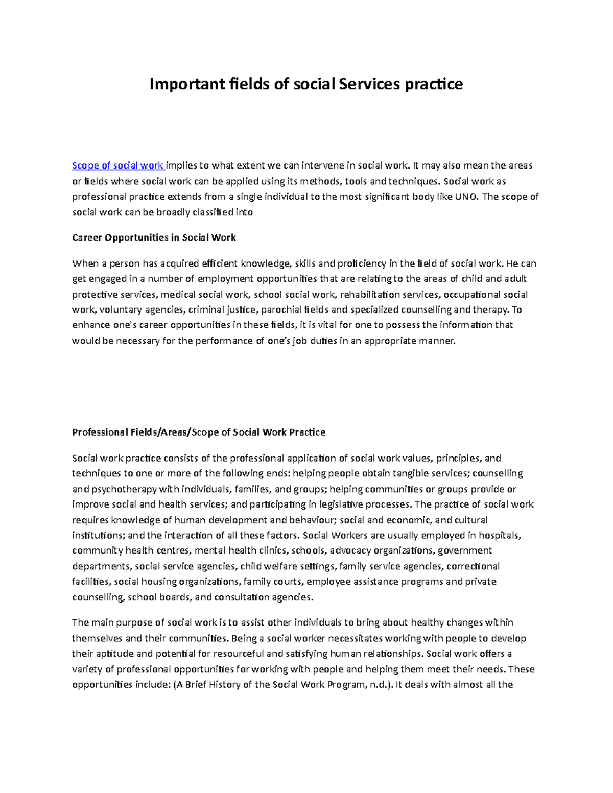 Important fields of social Services practice - It may also mean the ...