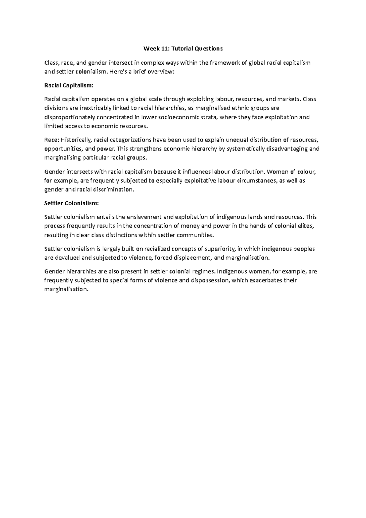 SOC3031S TUTORIAL11 - Week 11: Tutorial Questions Class, race, and ...