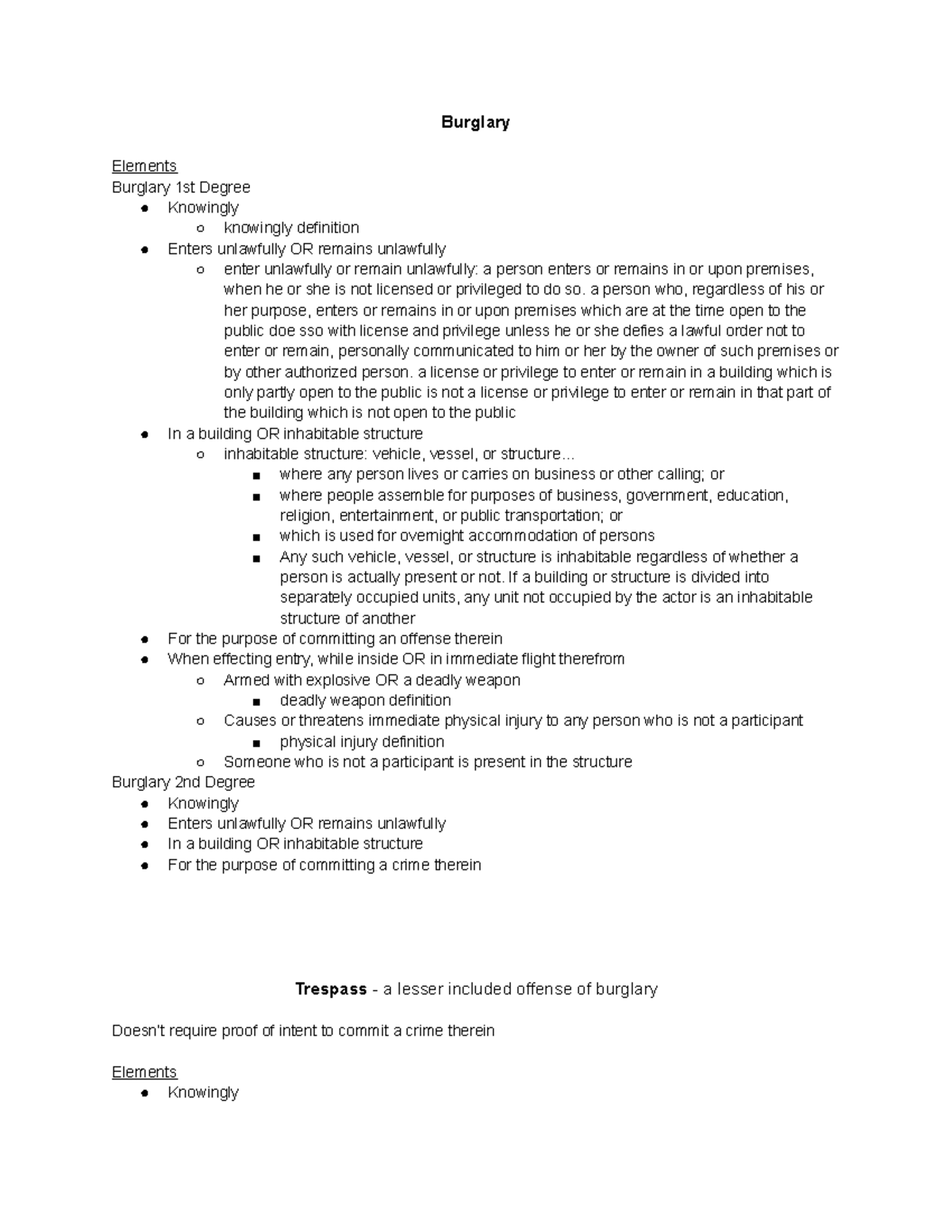 Burglary - Dr. Scott Ingram - Burglary Elements Burglary 1st Degree ...