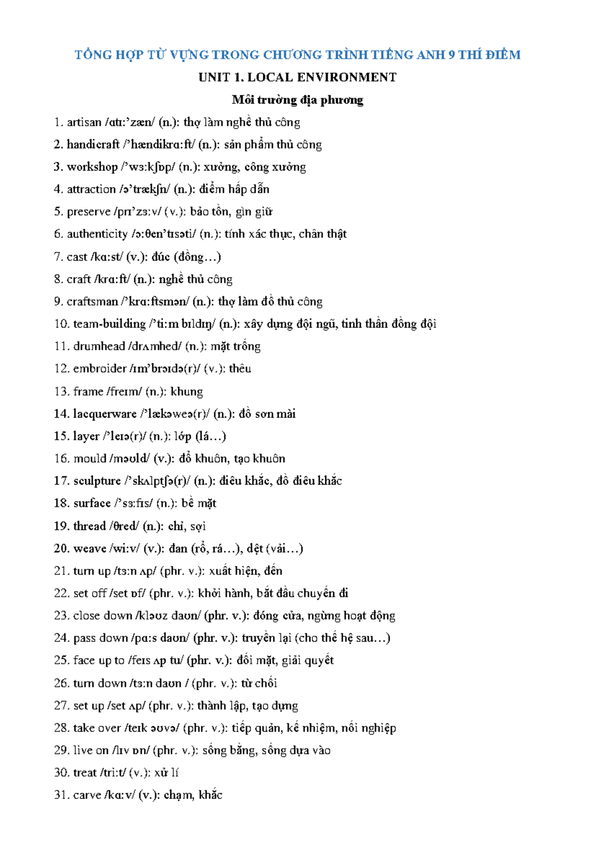 Tong hop tu vung tieng anh lop 9 thi diem theo tung unit - TỔNG HỢP TỪ VỰNG TRONG CHƯƠNG TRÌNH ...