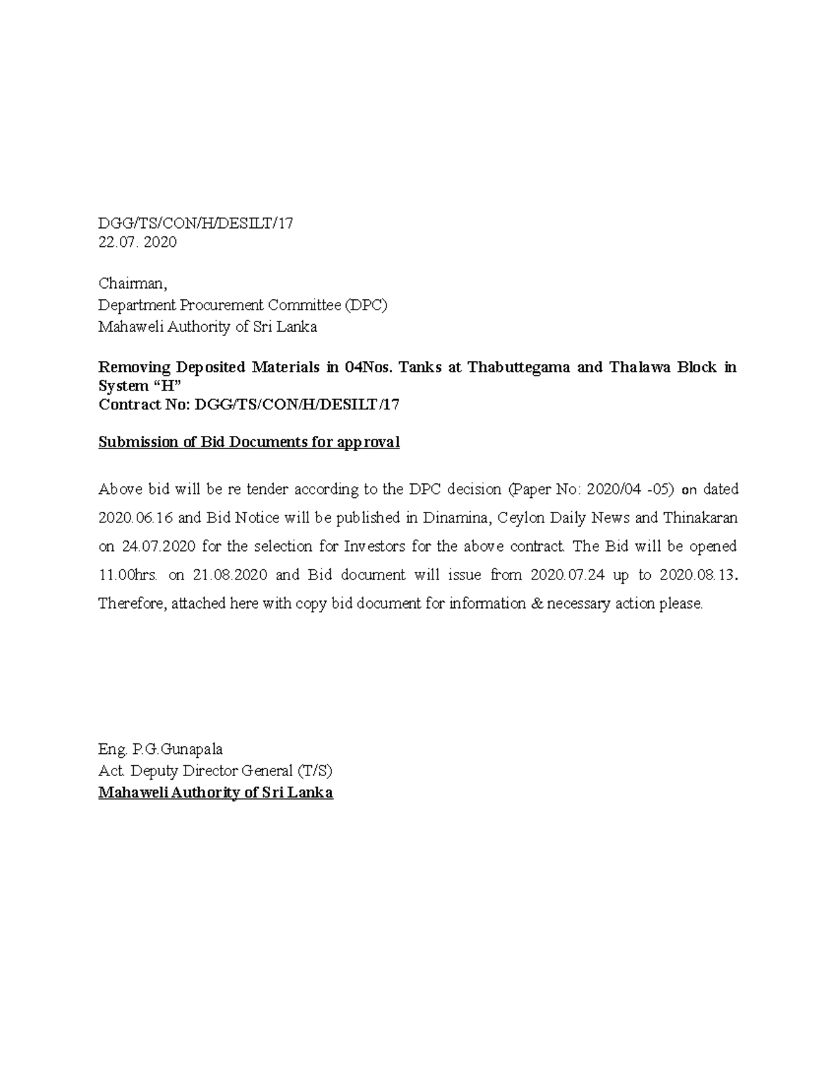 Letter to DPC Sending BID Doc. H 17 - DGG/TS/CON/H/DESILT/ 22. 2020 ...