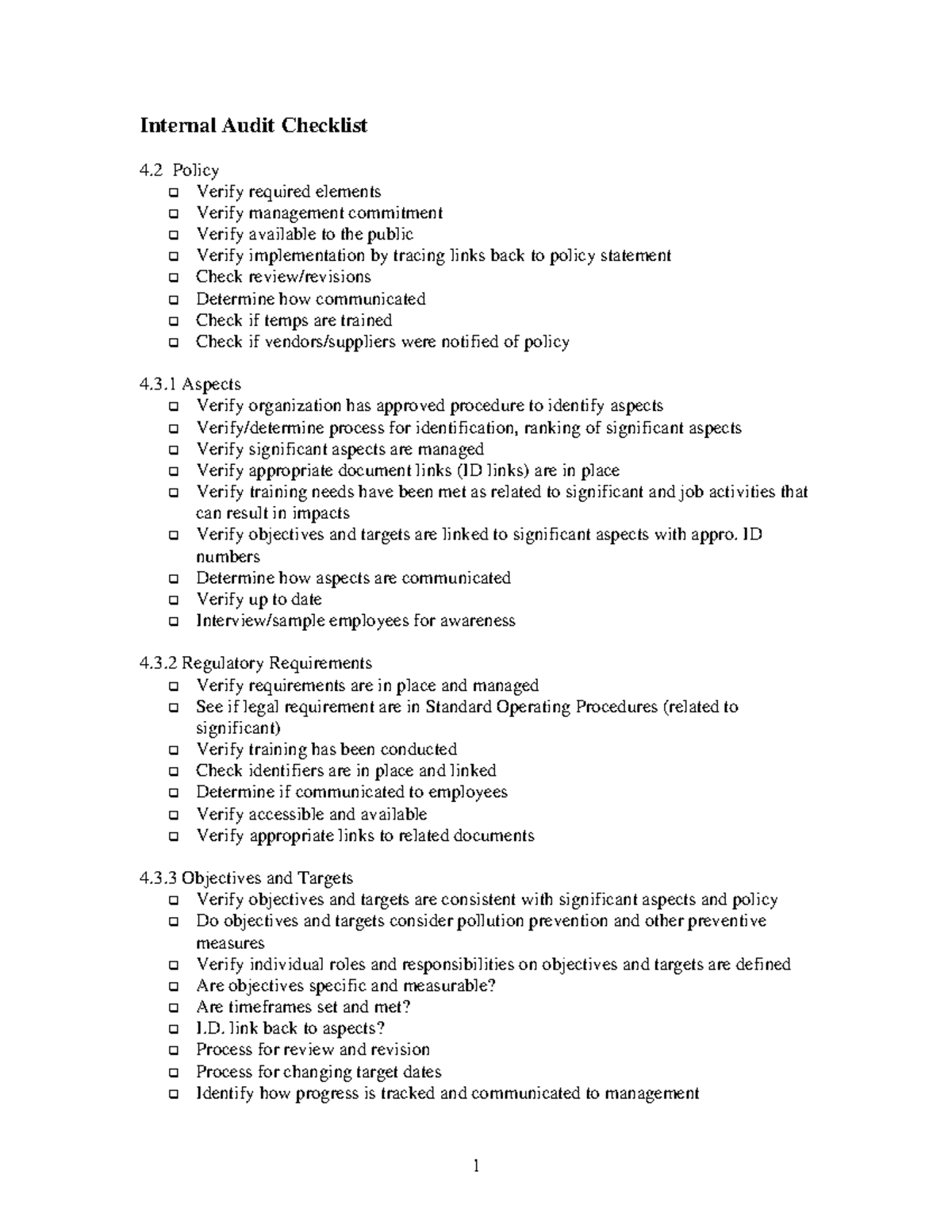 Internal Audit Checklist Template - Internal Audit Checklist 4 Policy q ...