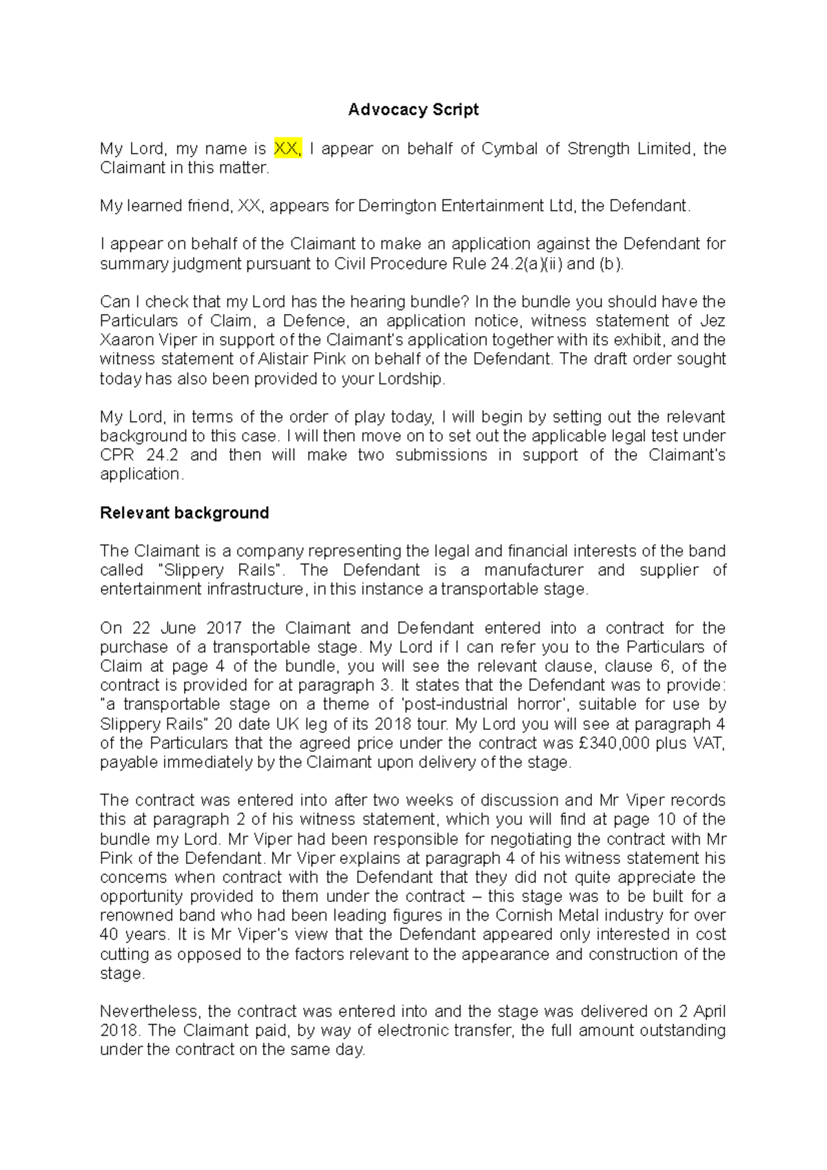 Advocacy Script - My learned friend, XX, appears for Derrington ...