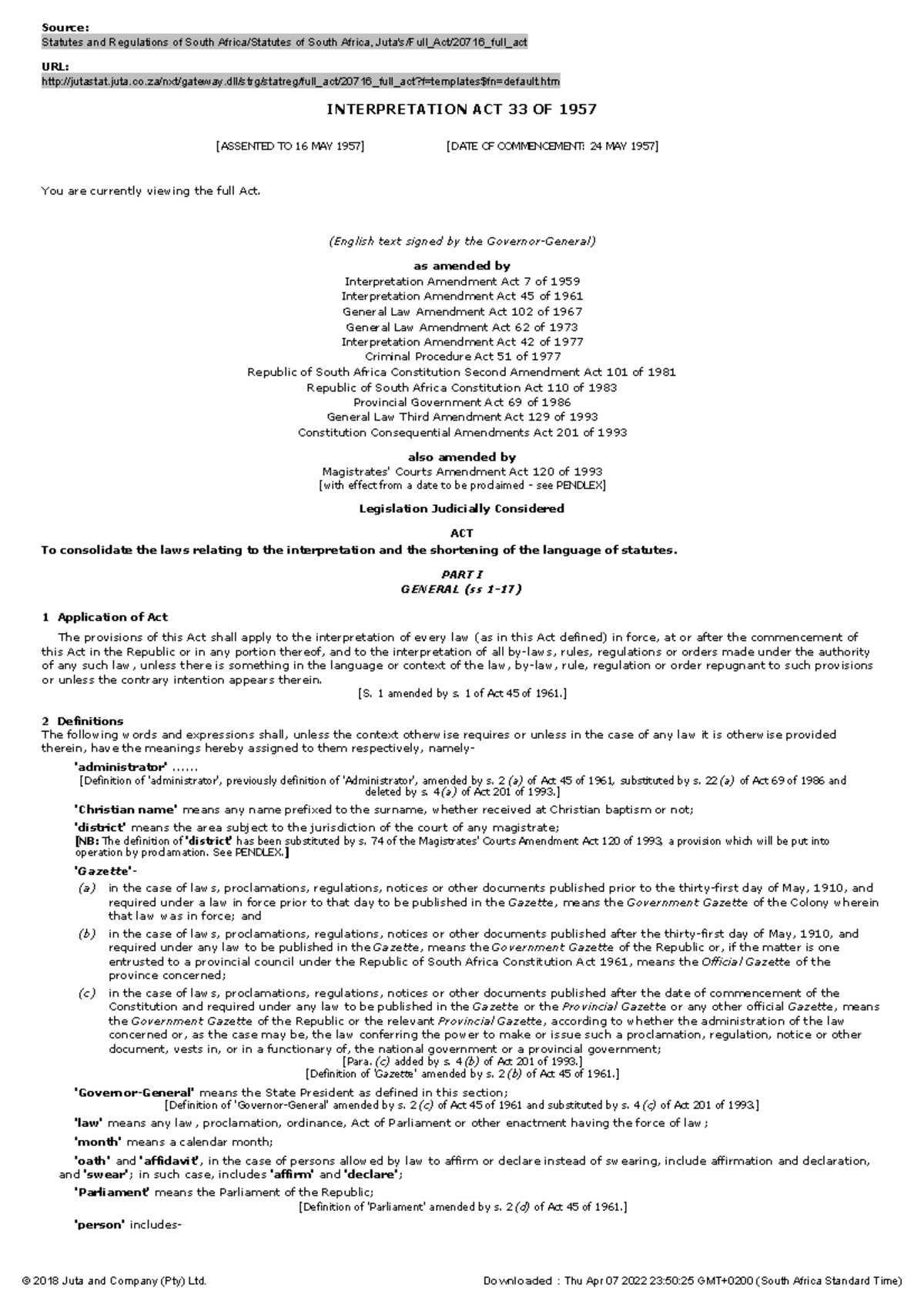 Interpretation ACT 33 OF 1957 - - Studocu