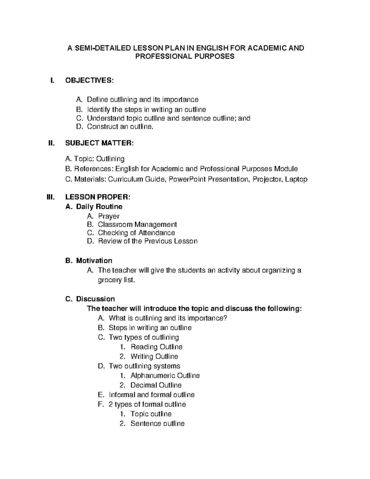Outlining Lesson PLAN - A SEMI-DETAILED LESSON PLAN IN ENGLISH FOR ...