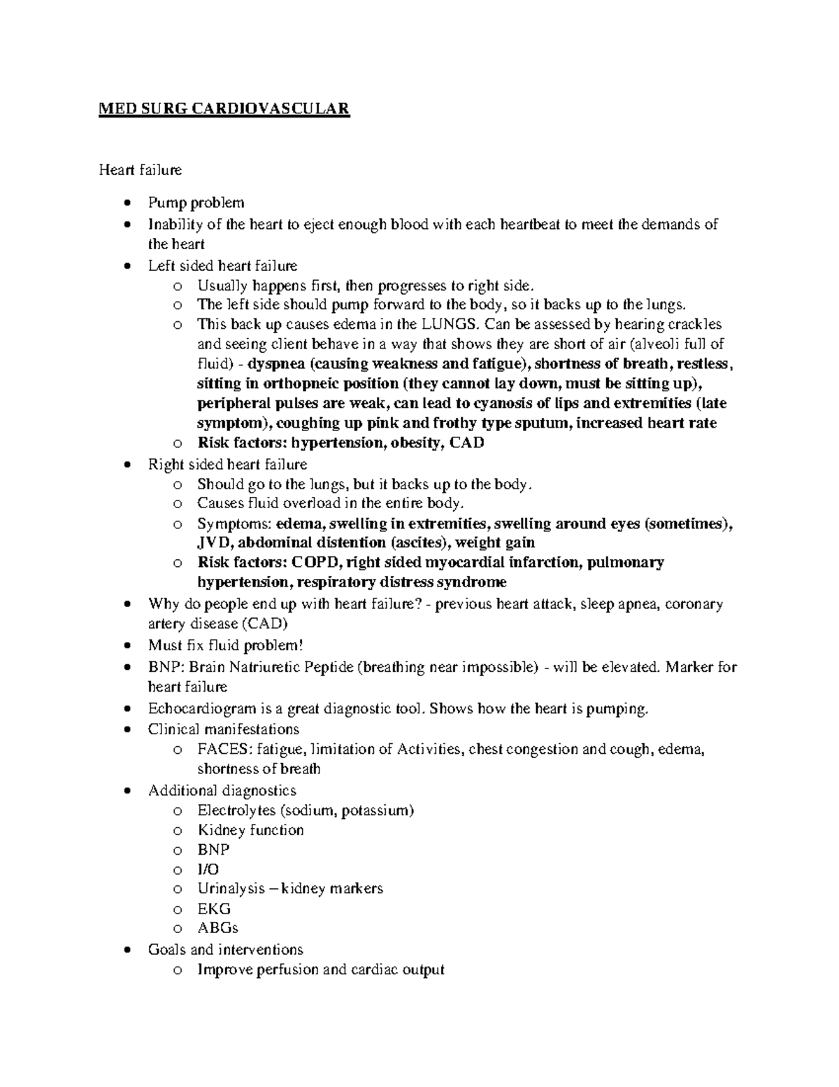 Med surg cardio notes - MED SURG CARDIOVASCULAR Heart failure Pump ...