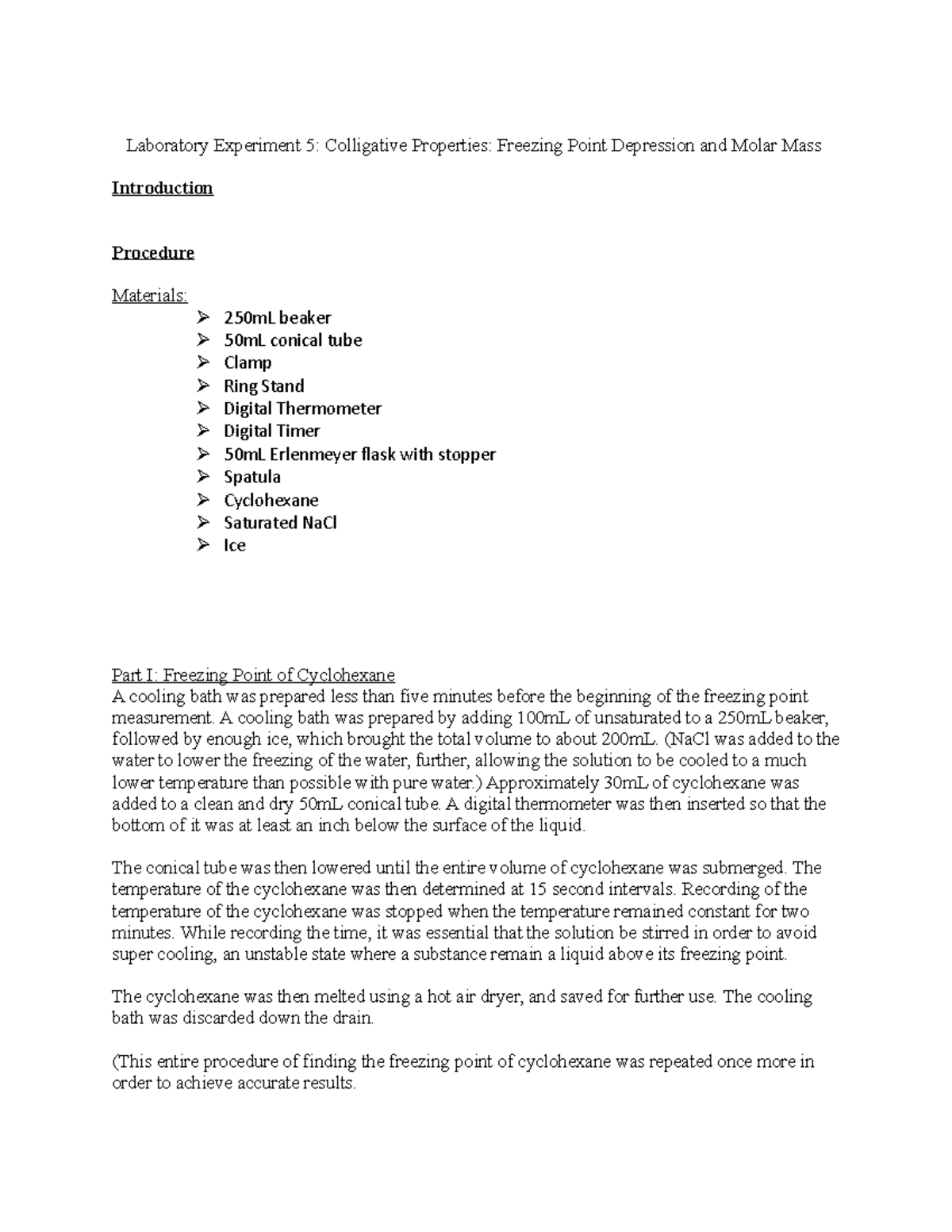 Lab 5 Report - Laboratory Experiment 5: Colligative Properties ...