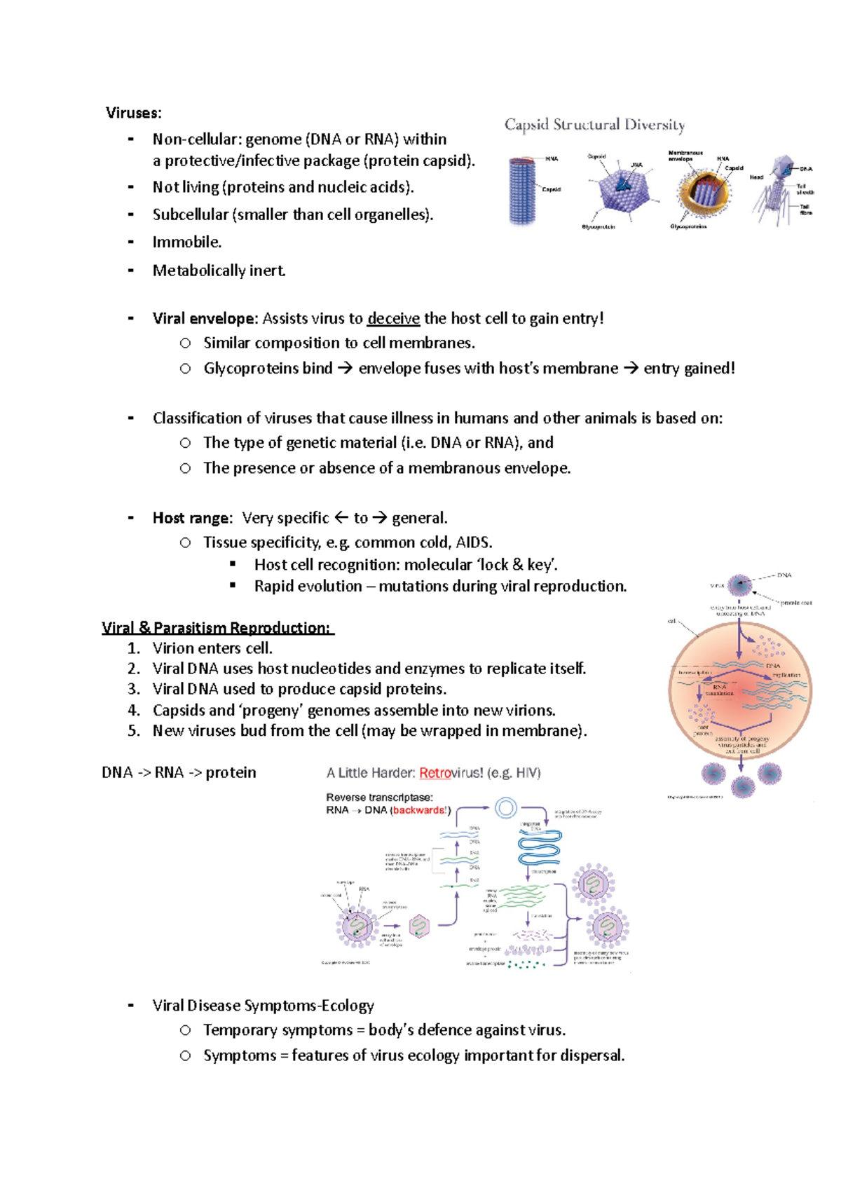 Notes - Viruses: - Non-cellular: genome (DNA or RNA) within a ...