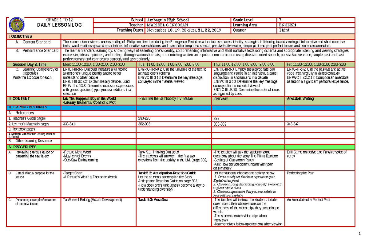 Week 4 19-20 - weekly dll english 7 & 8 - GRADE 1 TO 12 DAILY LESSON ...
