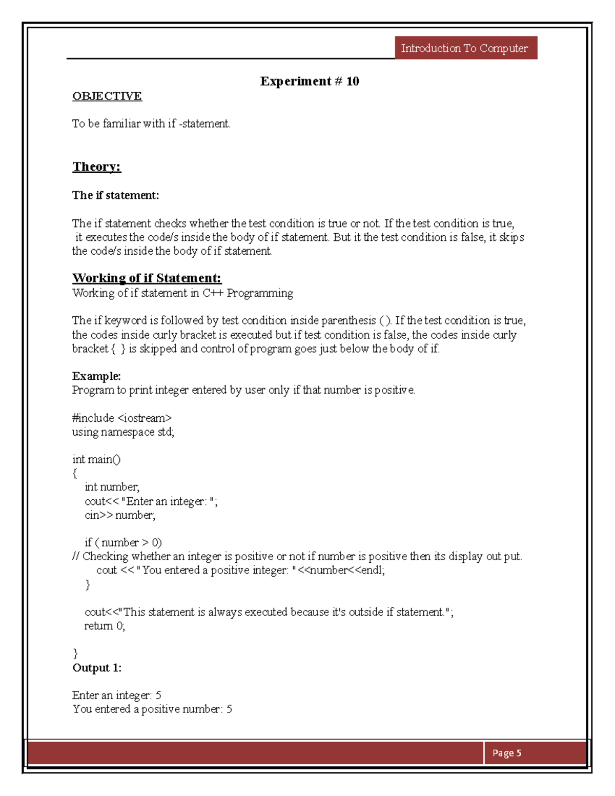 Lab10 - To be familiar with if -statement. - Experiment # 10 OBJECTIVE To be familiar with if ...