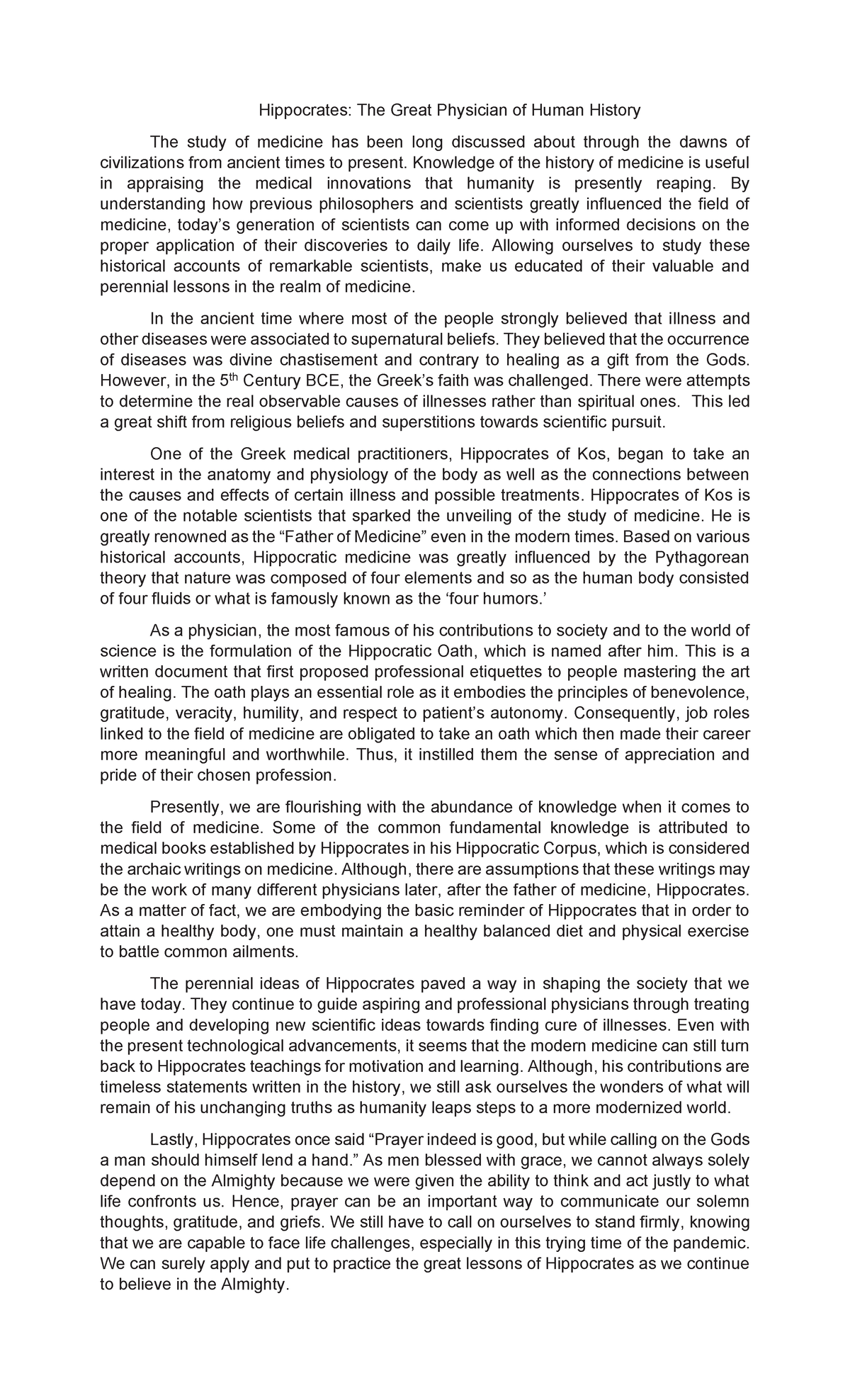 Comprehensive Essay - (Hippocrates) - Hippocrates: The Great Physician ...