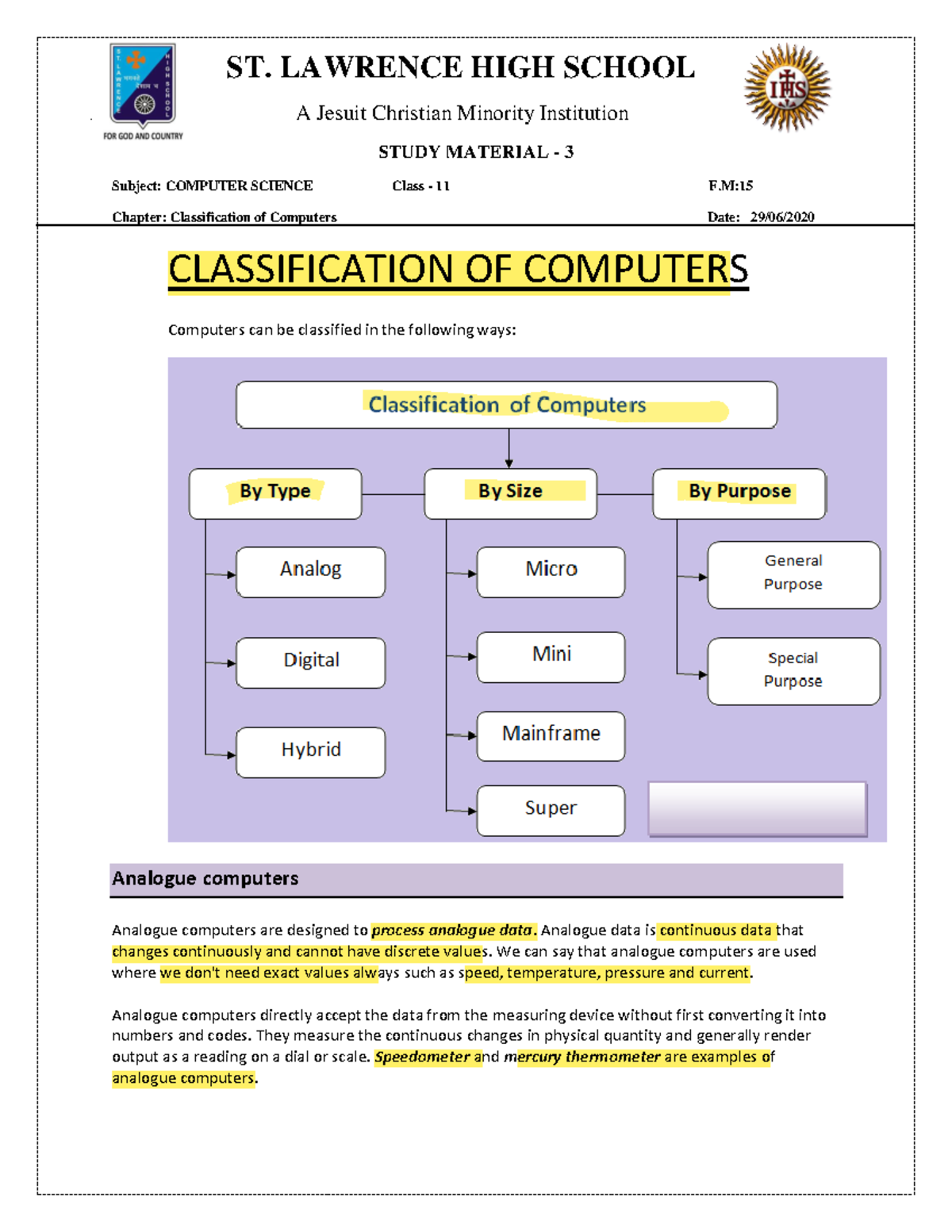 Classification of computers - ST. LAWRENCE HIGH SCHOOL A Jesuit ...