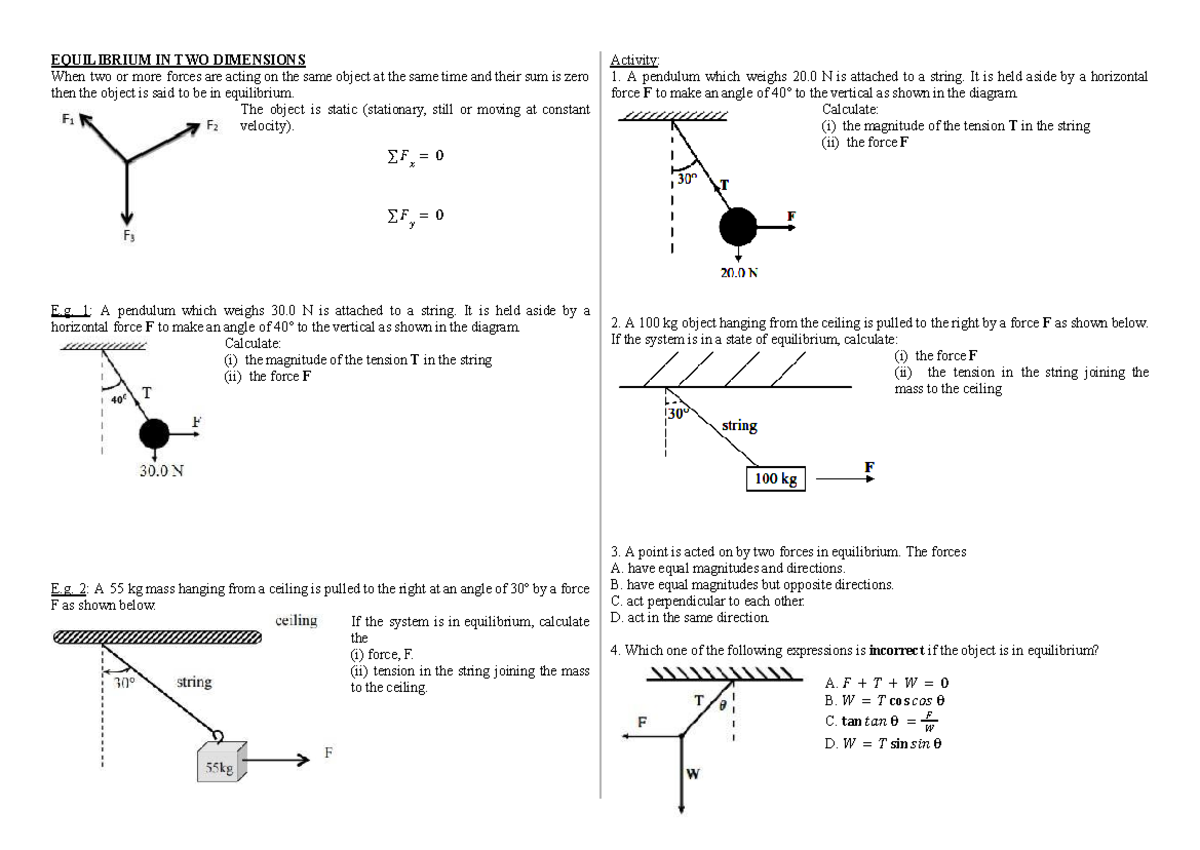 1.4 Equilibrium Worksheet - EQUILIBRIUM IN TWO DIMENSIONS When two or ...
