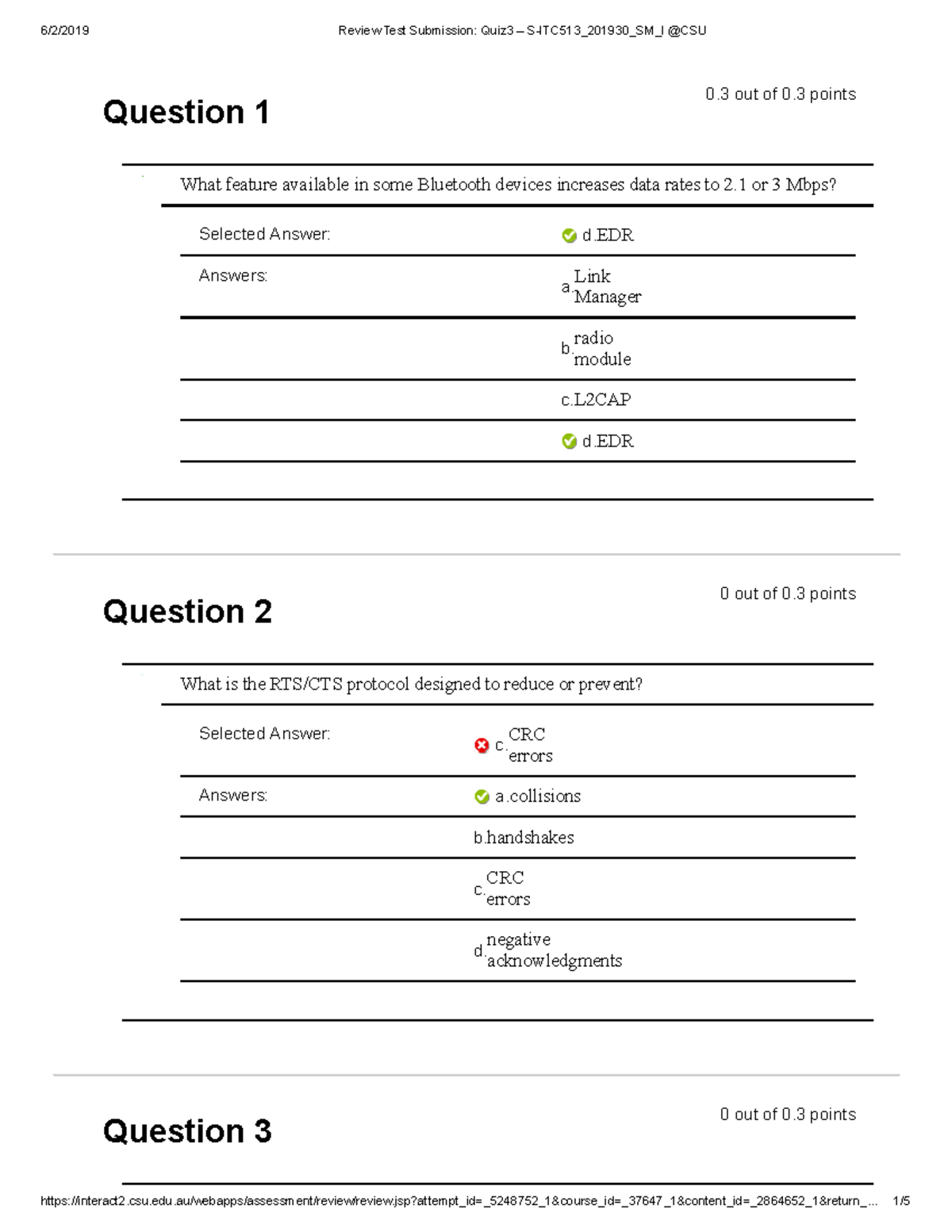 Review Test Submission Quiz3 – S-ITC513 2019 30 SM I @CSU - Question 1 ...