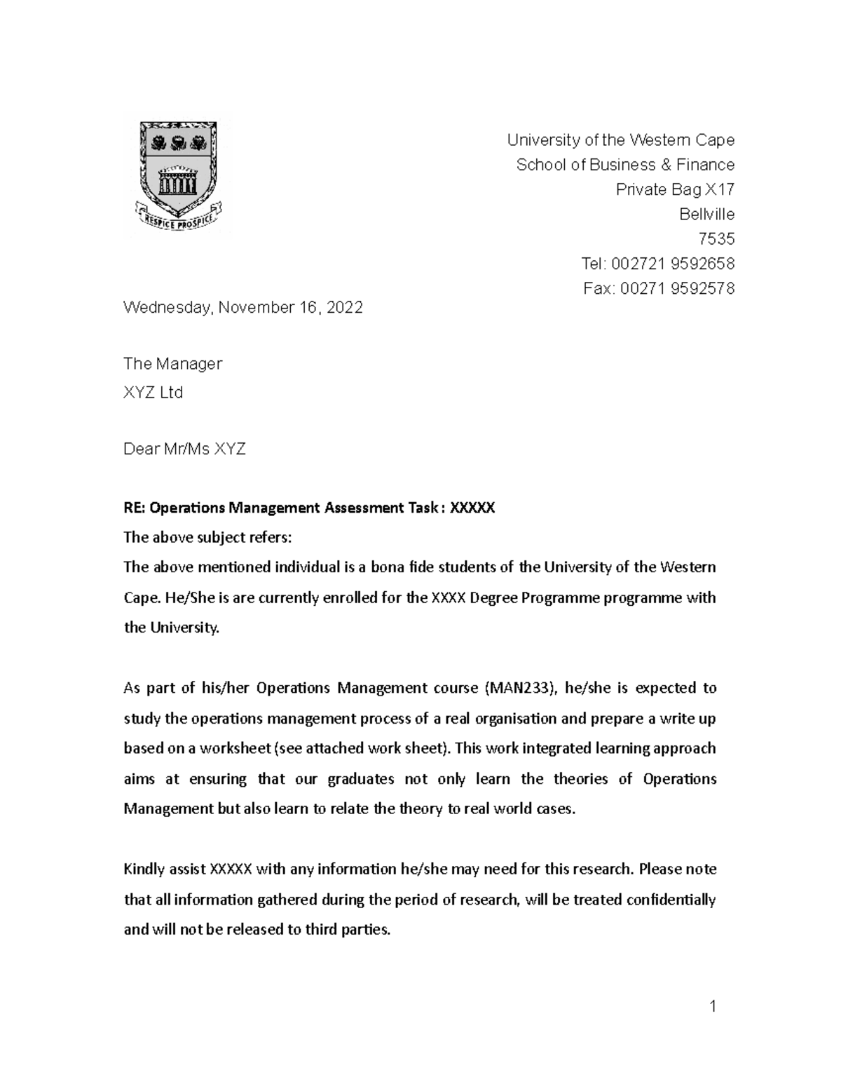 Introductory Letter - Operations Management MAN 233 Class of 2022 ...