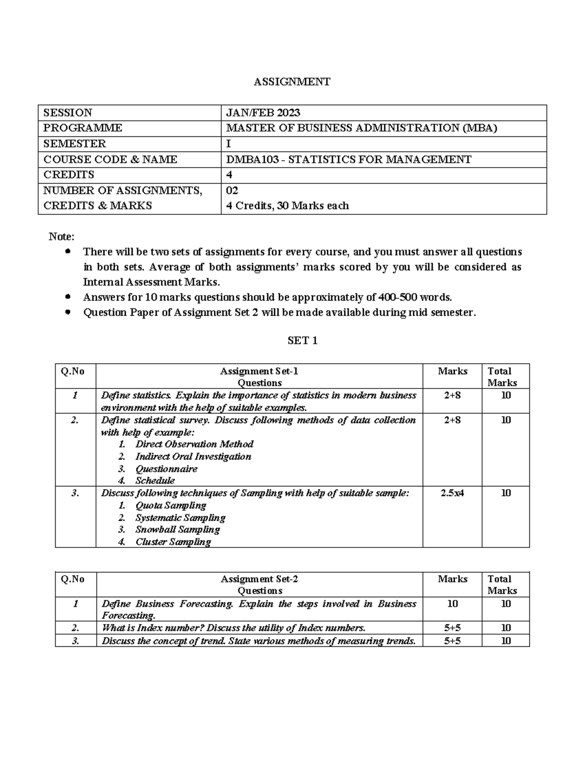 Assignment_DMBA103_MBA 1_Set-1 and 2_Jan-Feb_2023 - ASSIGNMENT SESSION JAN/FEB 2023 PROGRAMME ...