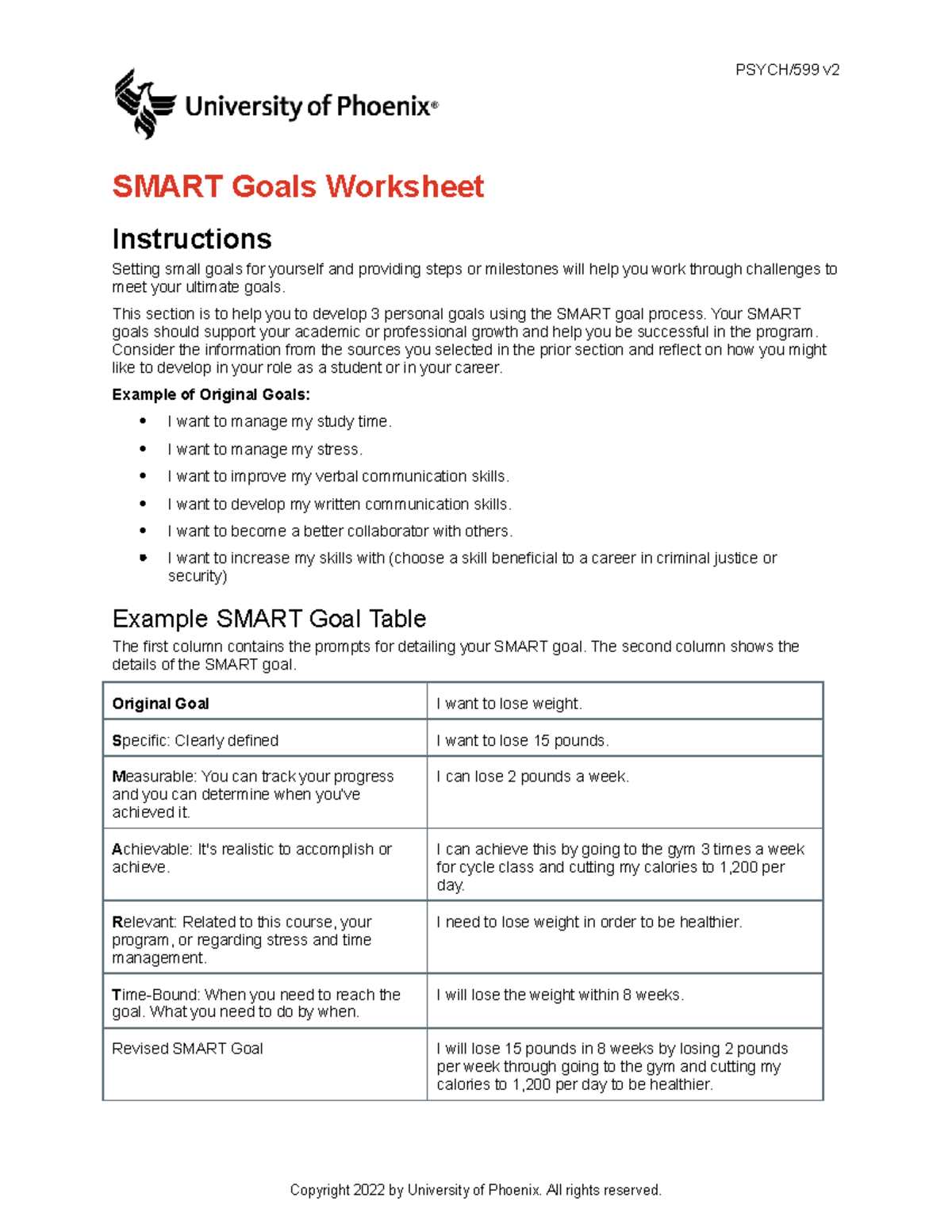 ERR psych 599 v2 smart goals worksheet - PSYCH/599 v SMART Goals ...