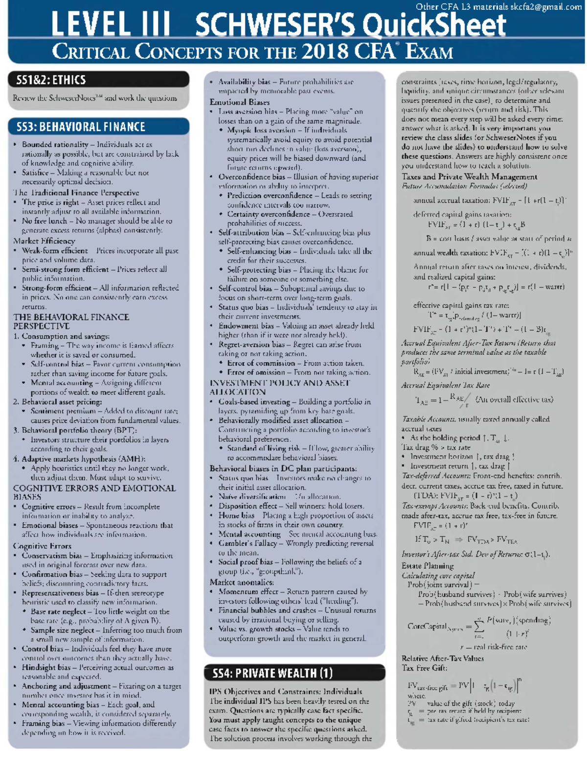 Schweser CFA Level III Quicksheet 2018 - LEVEL III SCHWESER'SOuickSheet ...