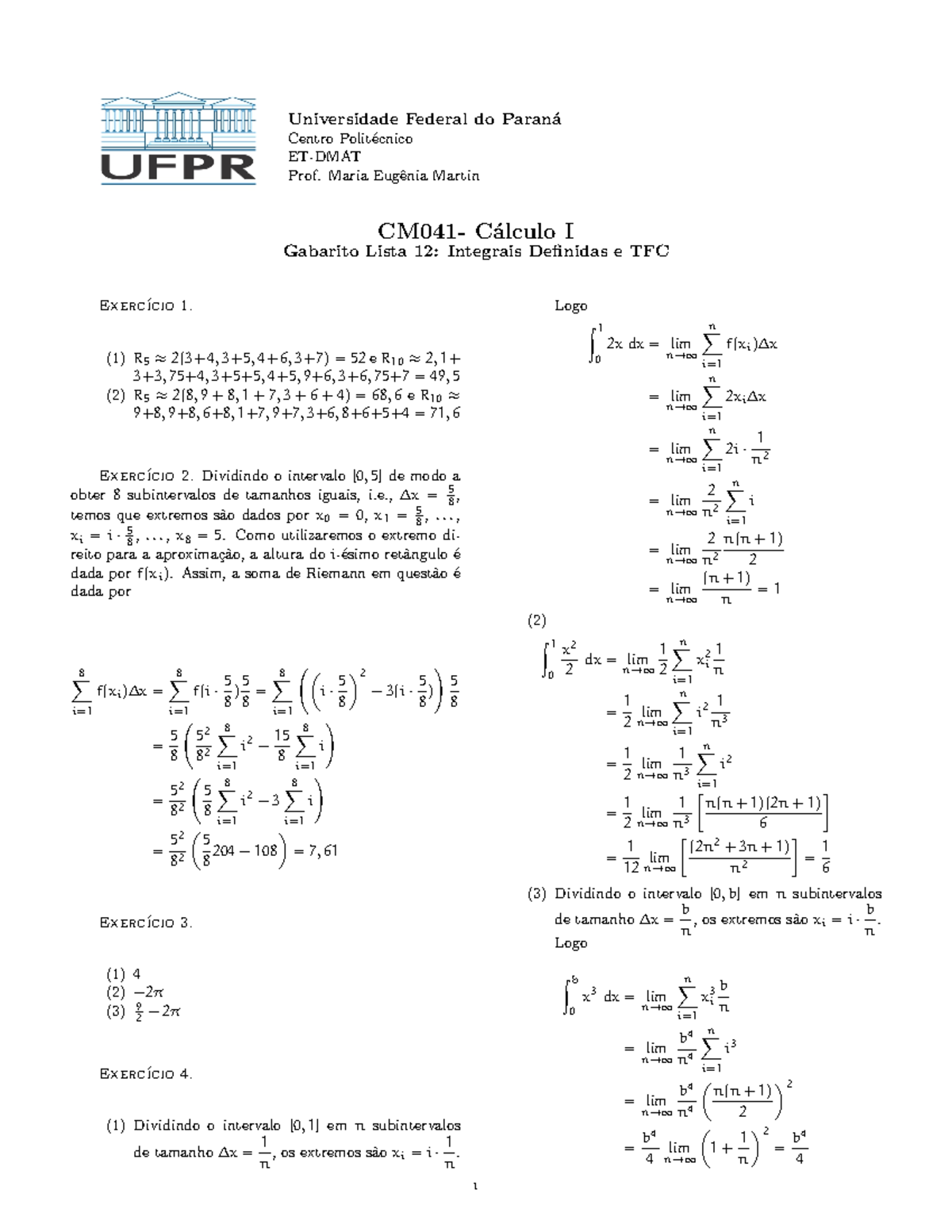 Lista 12-cal1-gabarito - Universidade Federal do Paraná Centro ...