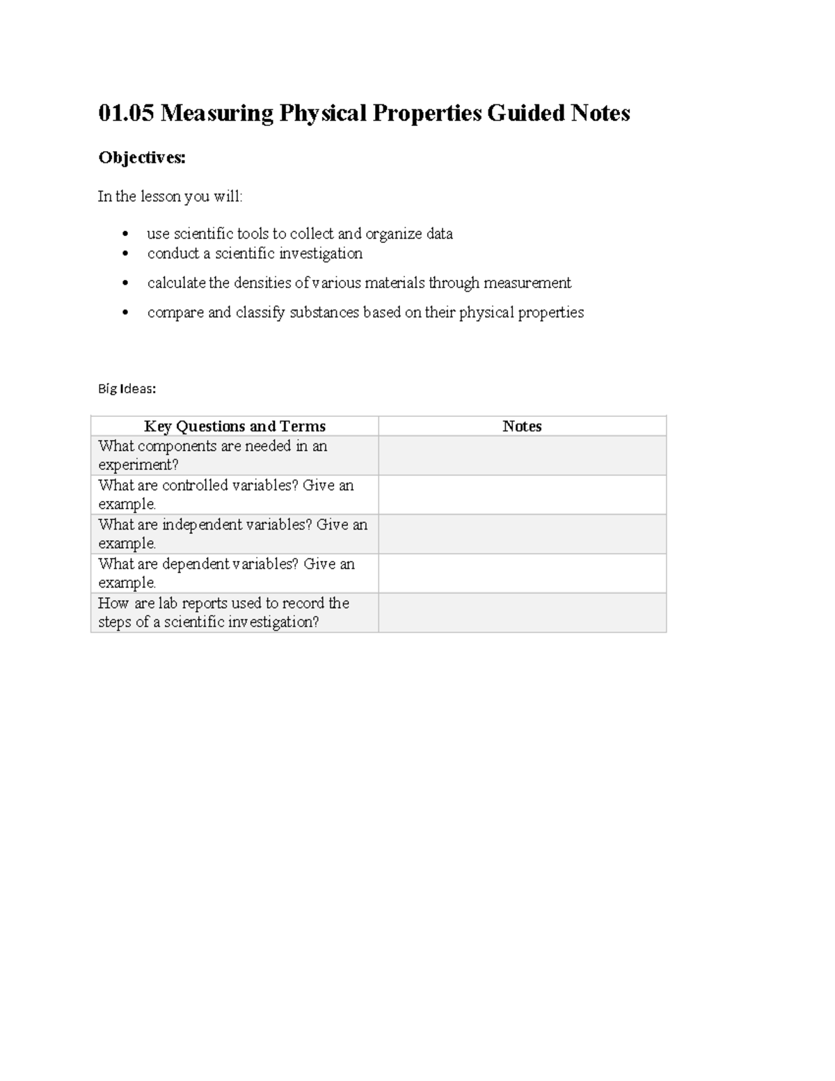 01 05 notes - Science - 01 Measuring Physical Properties Guided Notes ...