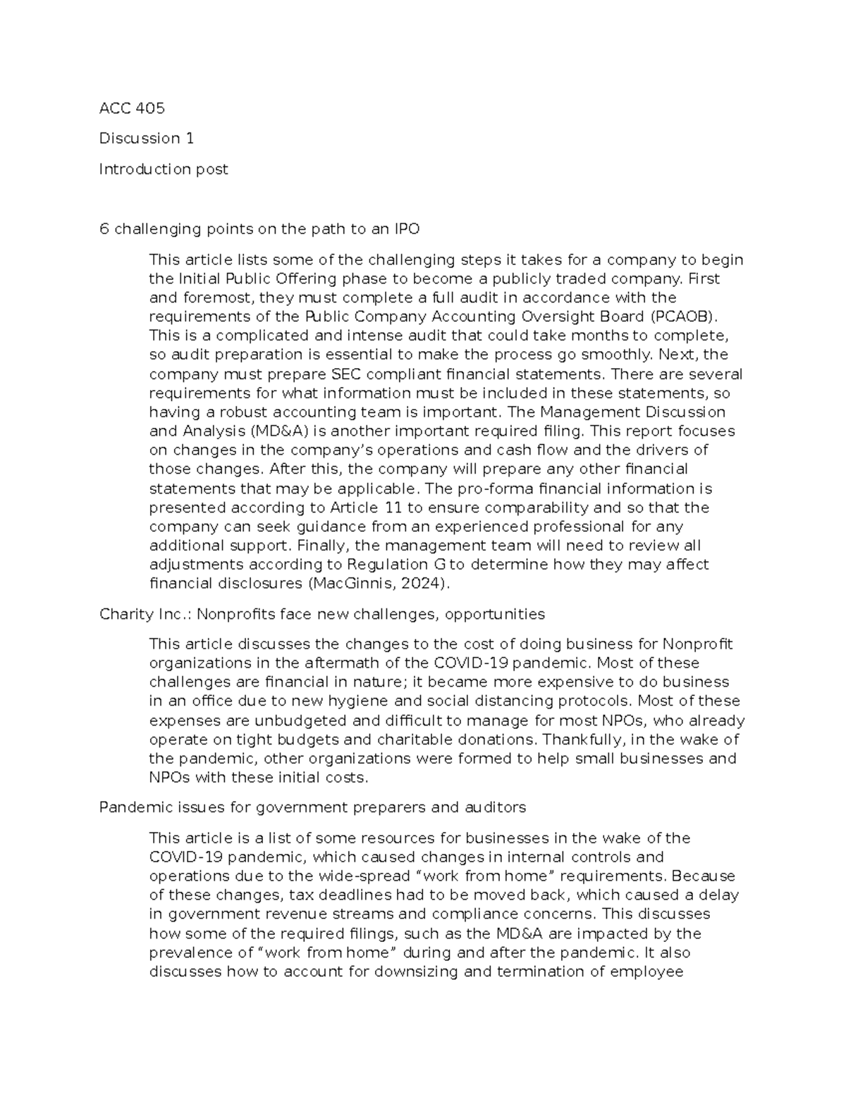 Discussion 1 - Introductions and Accounting Articles - ACC 405 ...